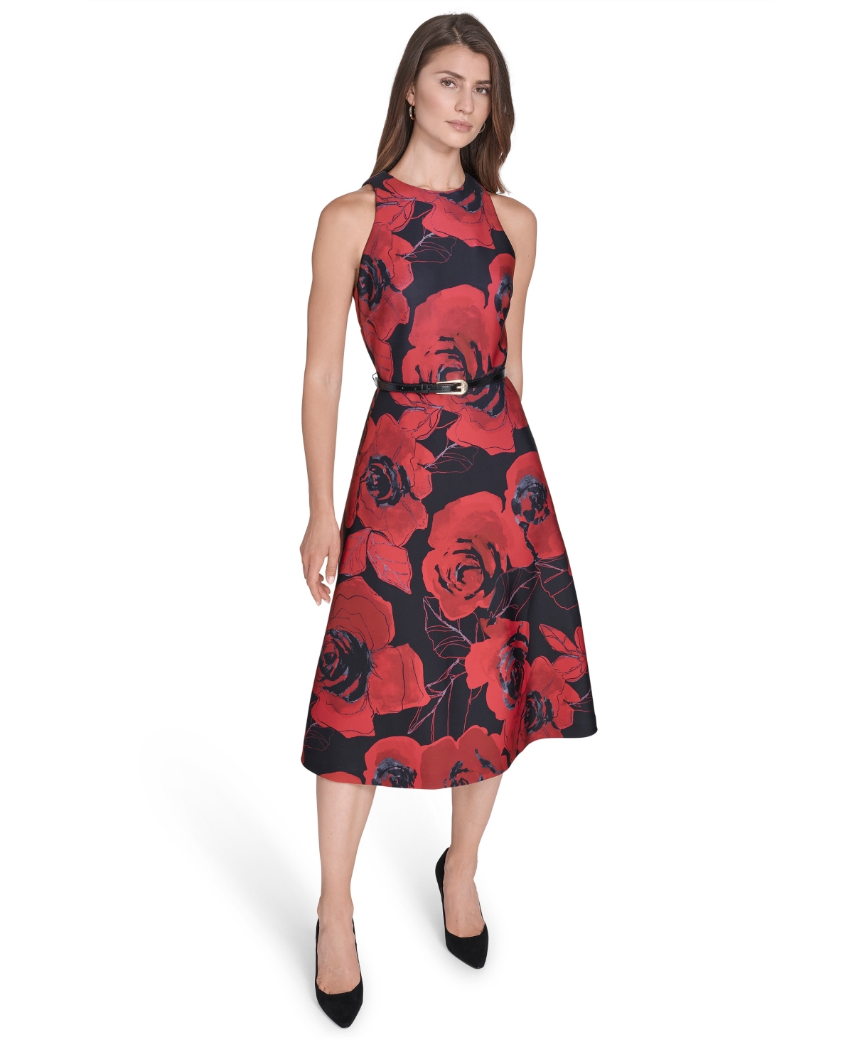 Click here for Halston Womens Printed Fit and Flare Dress - Crims... prices