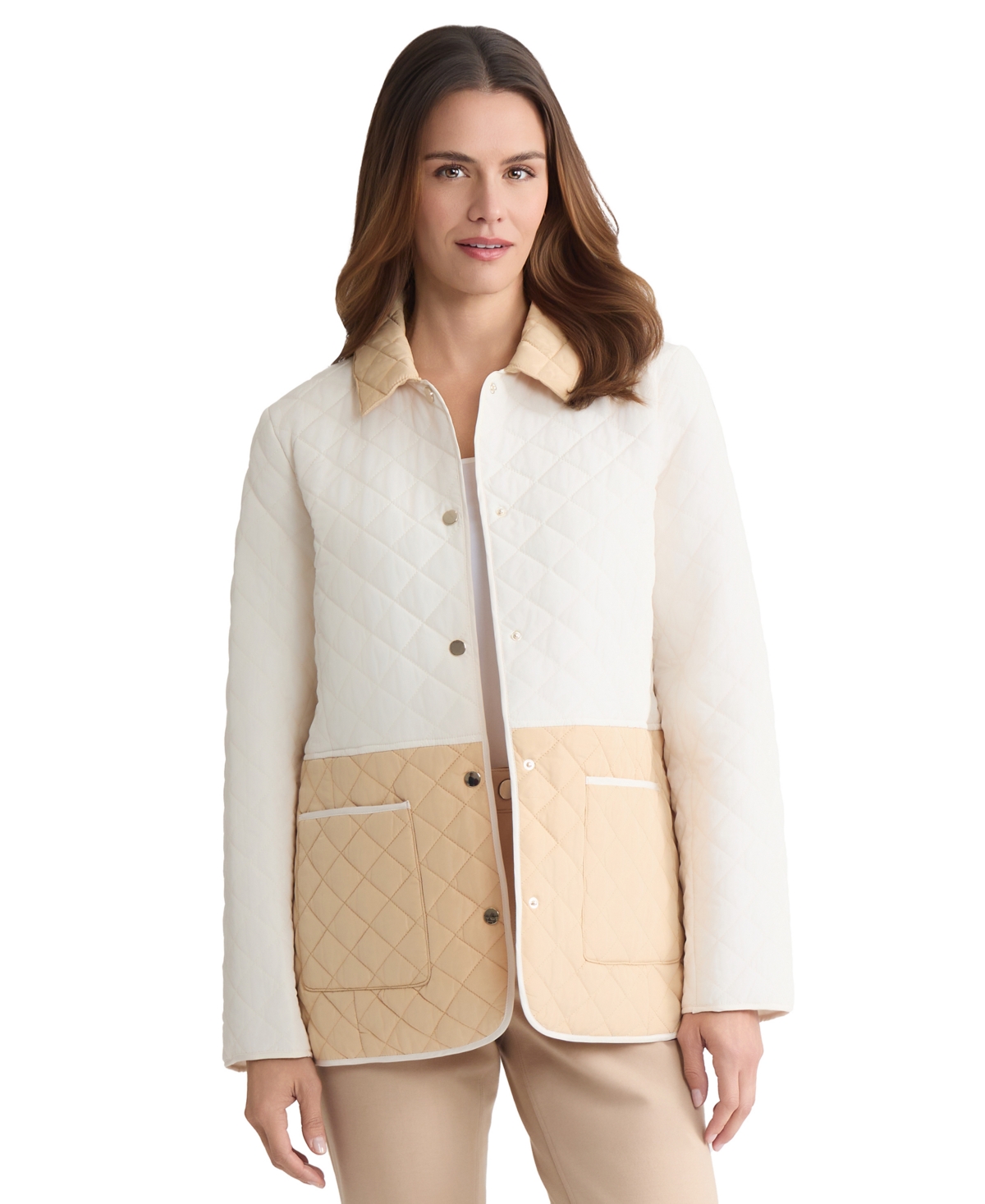 Click here for Jones New York Petite Collar Colorblock Quilted Ja... prices