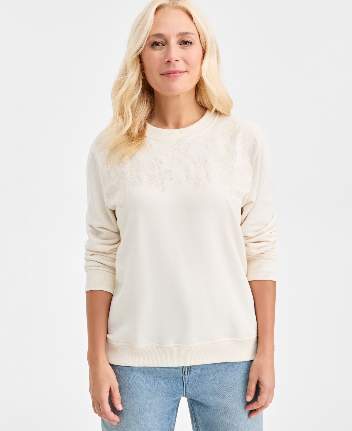 Click here for Style & Co Womens Embroidered Crew Sweatshirt  Mac... prices