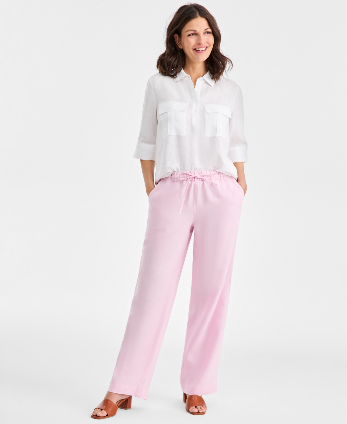 Charter Club Petite 100 Linen Drawstring Pants  Created for Macys - Pink Dew