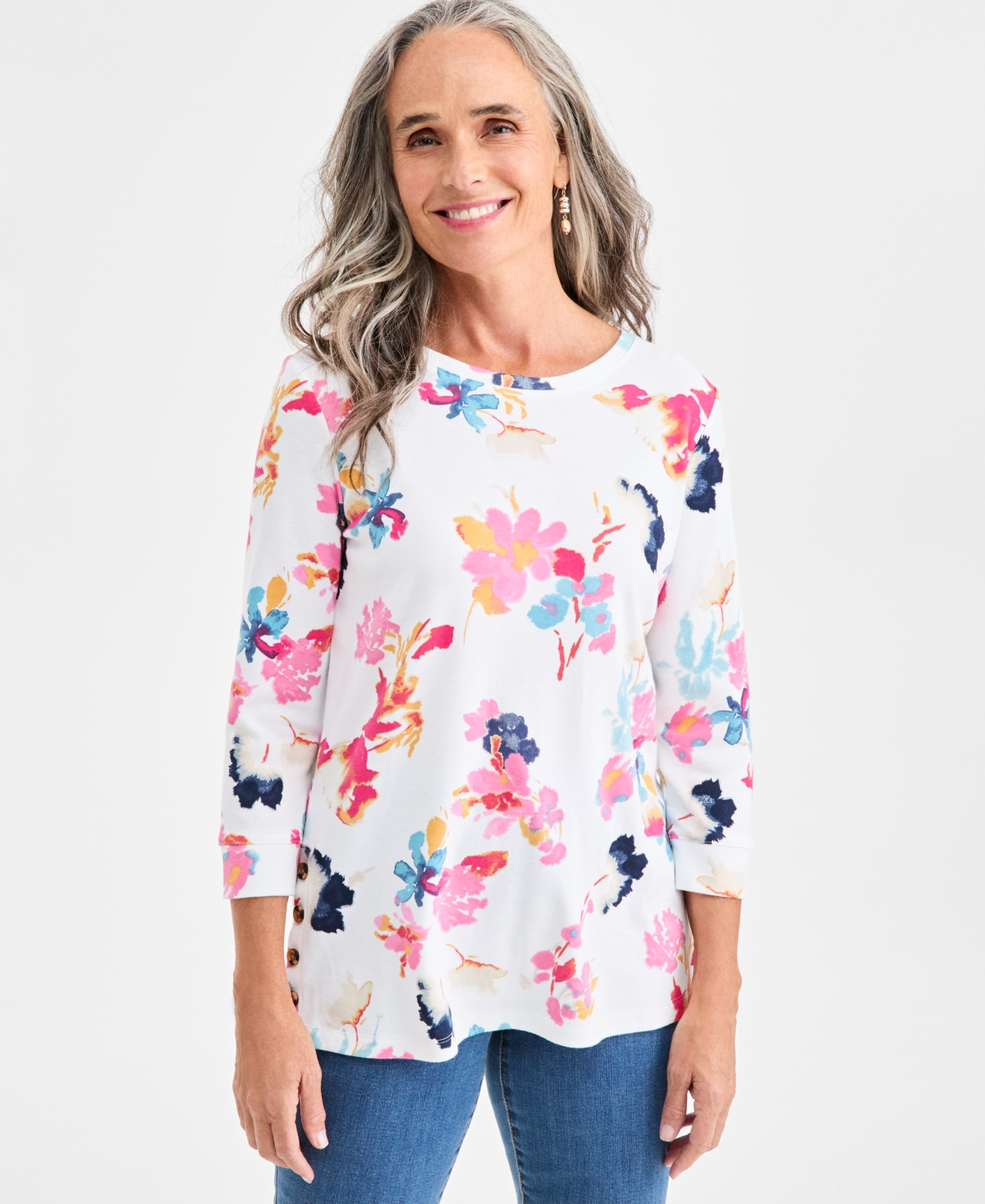 Click here for Style & Co Womens Floral-Print Button-Trim Tunic T... prices