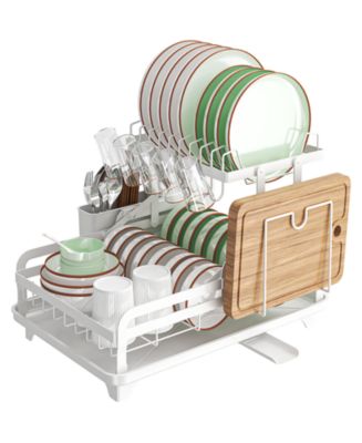 2-Tier Collapsible Multi-Functional Dish Drying Rack with Cutlery Box ...