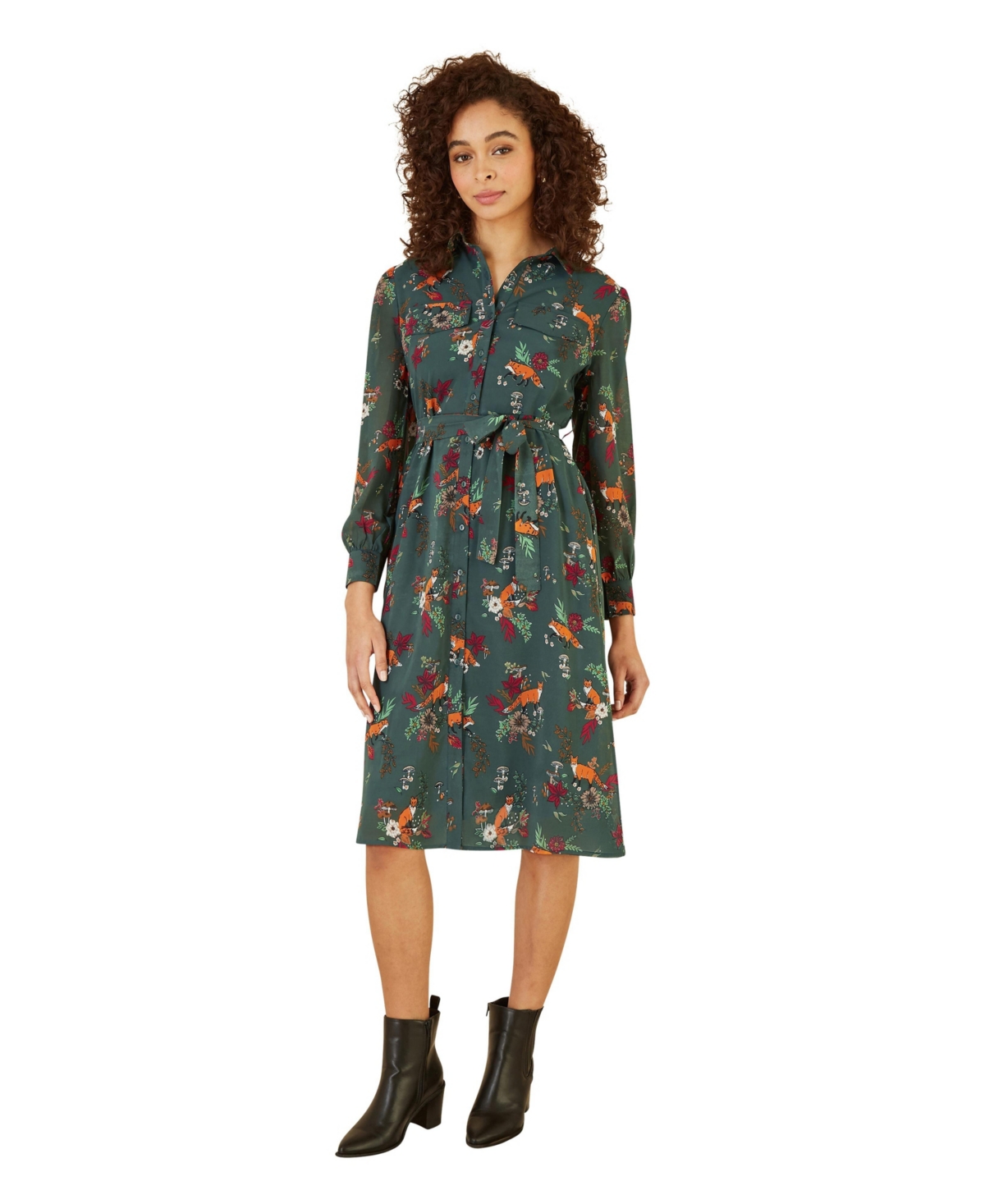 Click here for Yumi Womens Fox Print Shirt Midi Dress - Green prices