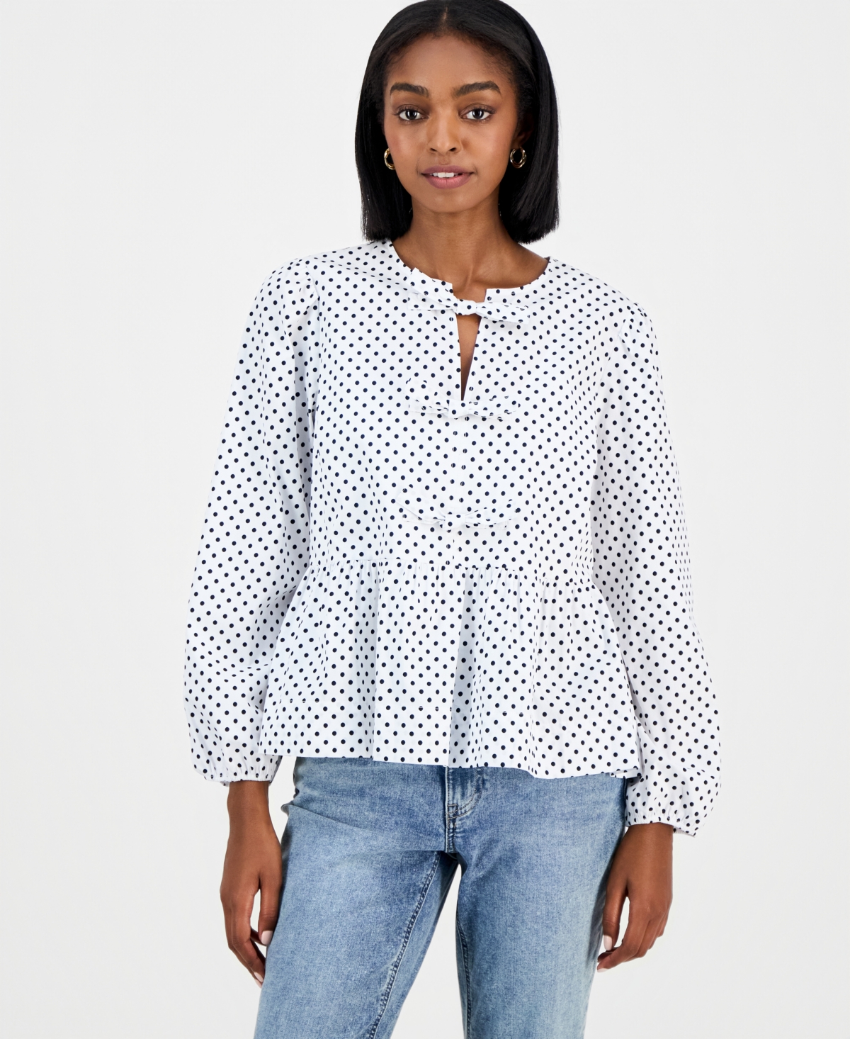 Click here for Nautica Jeans Womens Dot-Print Bow-Trim Cotton Pep... prices