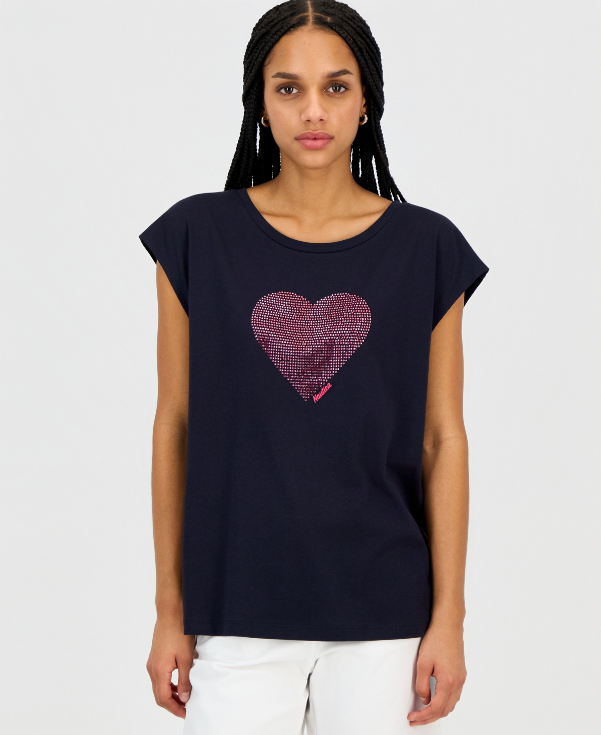 Click here for Nautica Jeans Womens Round-Neck Embellished-Heart... prices