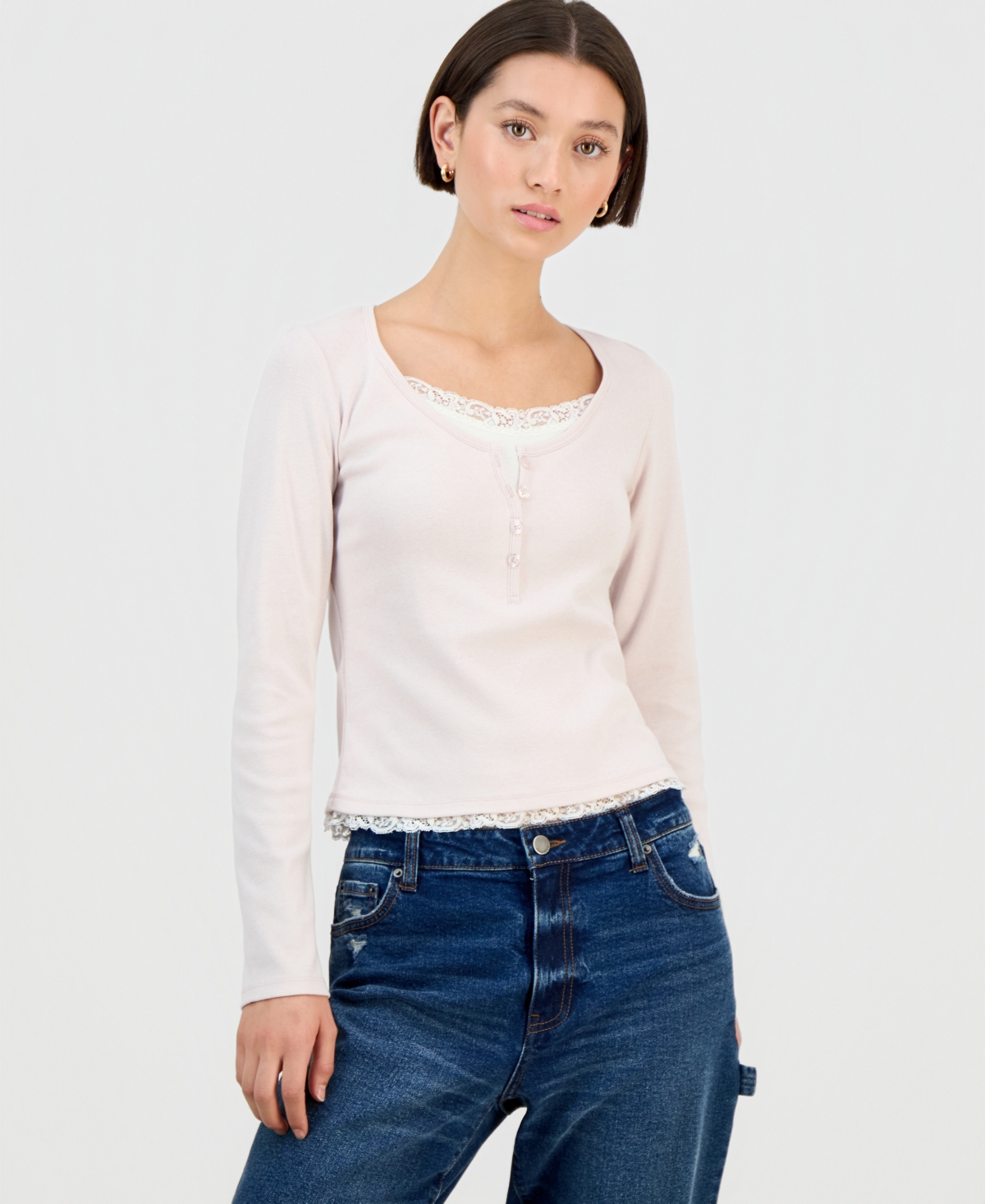Click here for Pink Rose Juniors Layered-Look Henley Top - Blush/... prices