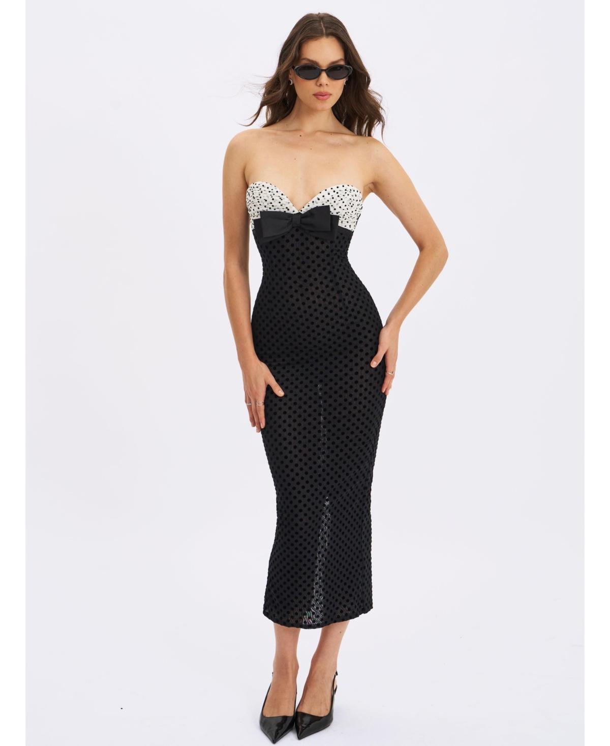Miss Circle Womens Faith Black and White Polka Dot Sweetheart Maxi Dress - Black