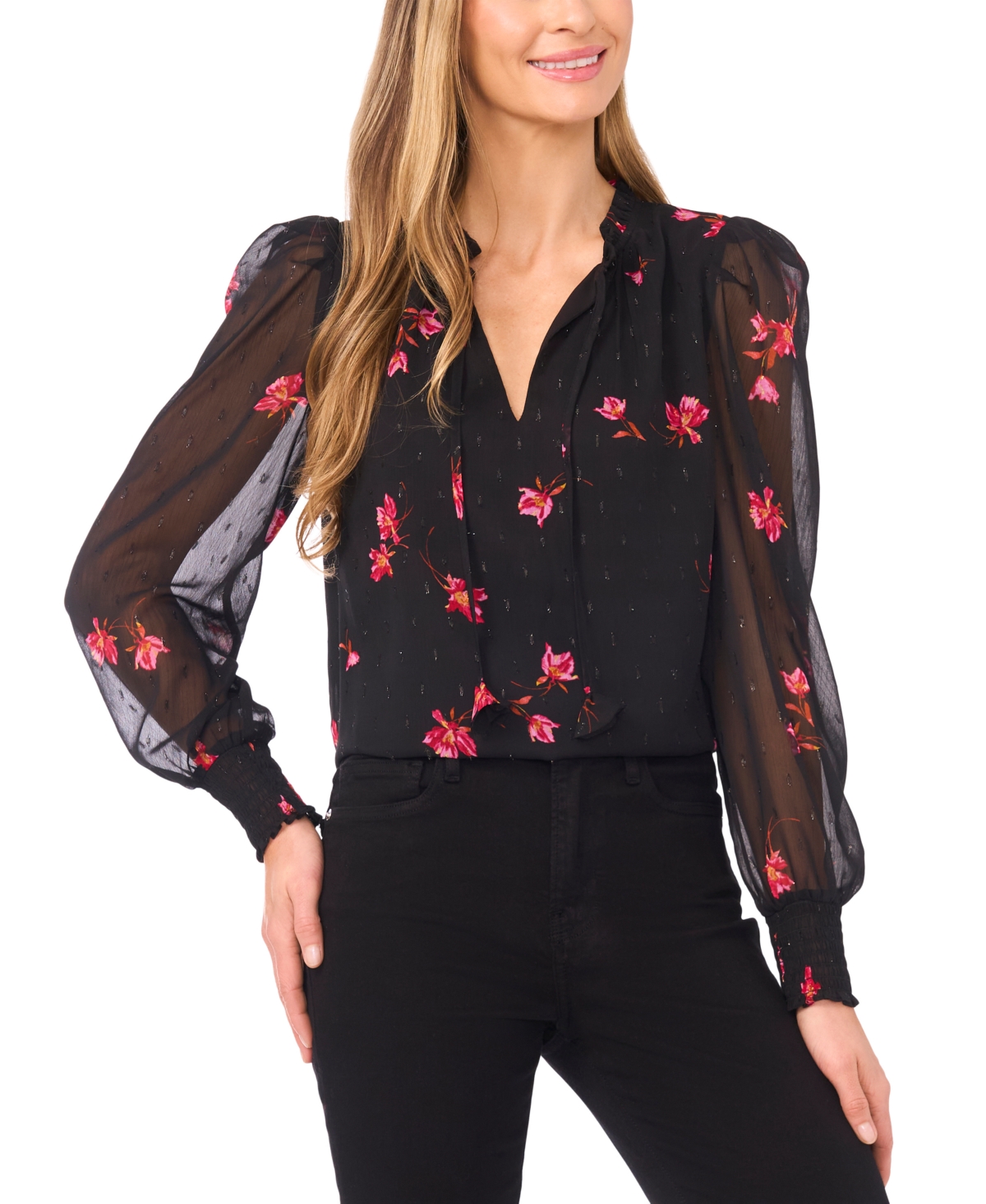 CeCe Womens Smocked Cuff Ruffle Top - Rich Black
