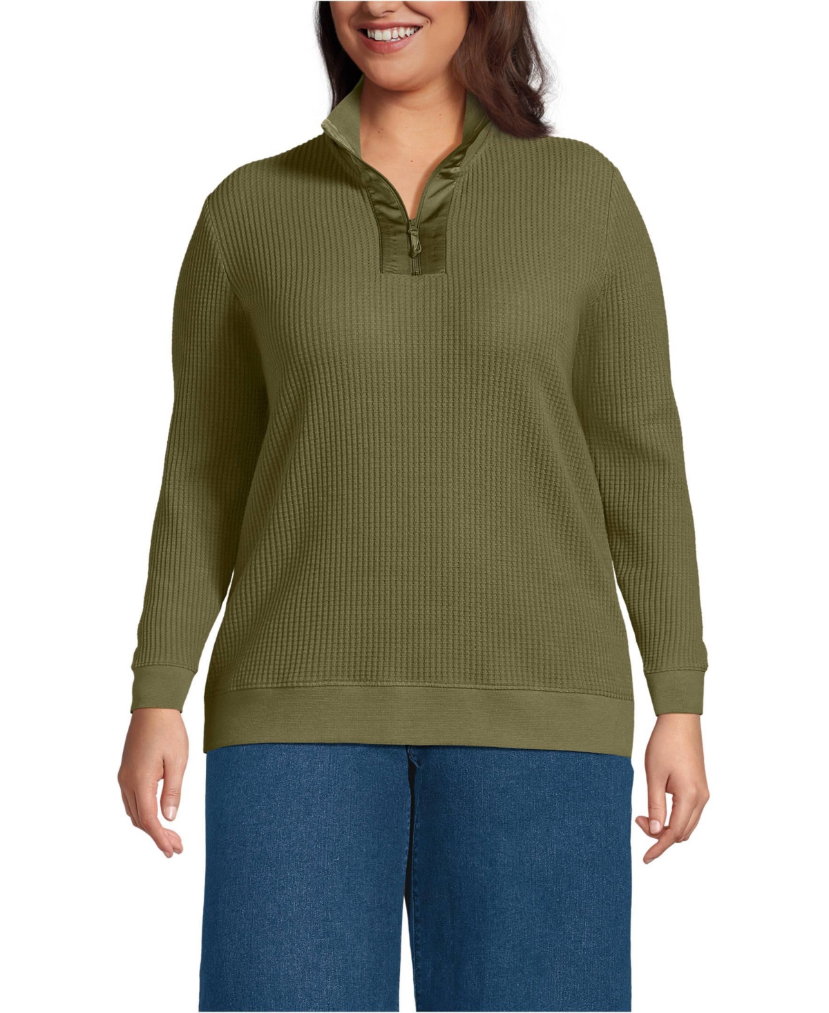 Click here for Lands End Plus Size Long Sleeve Waffle Quarter Zip... prices