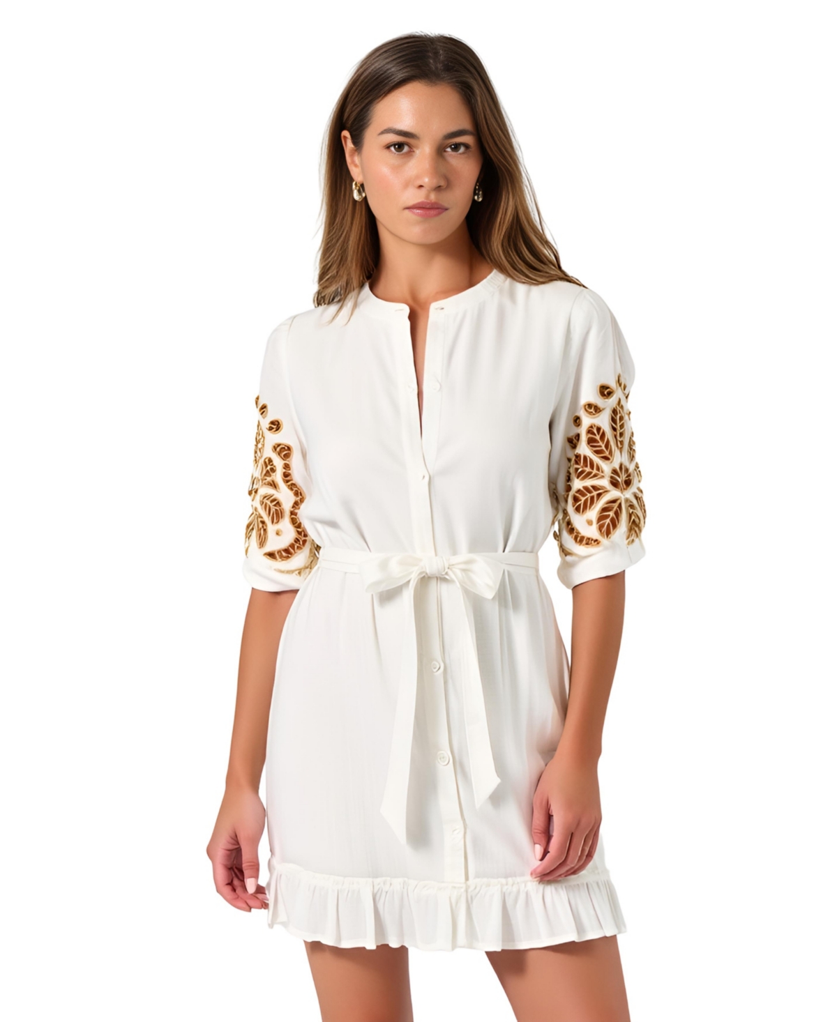 Click here for Modenaire Womens Embroidered Sleeve Button-Front M... prices