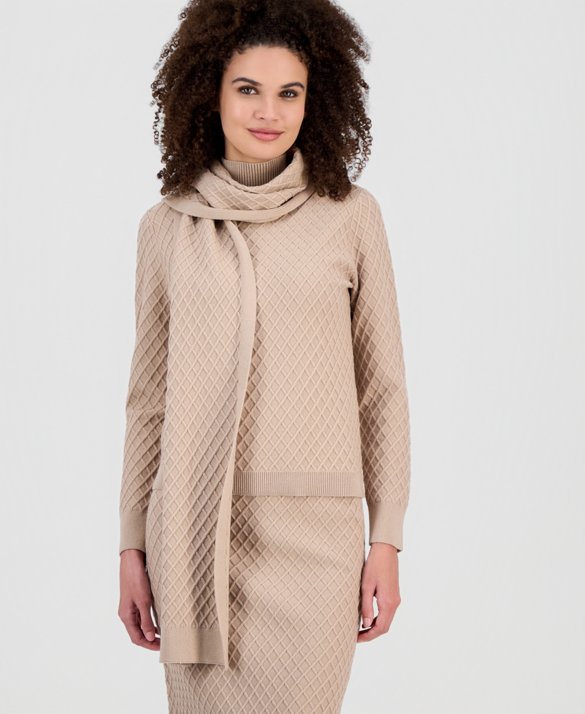 Anne Klein Womens Cable-Knit Long-Sleeve Scarf Sweater - Latte