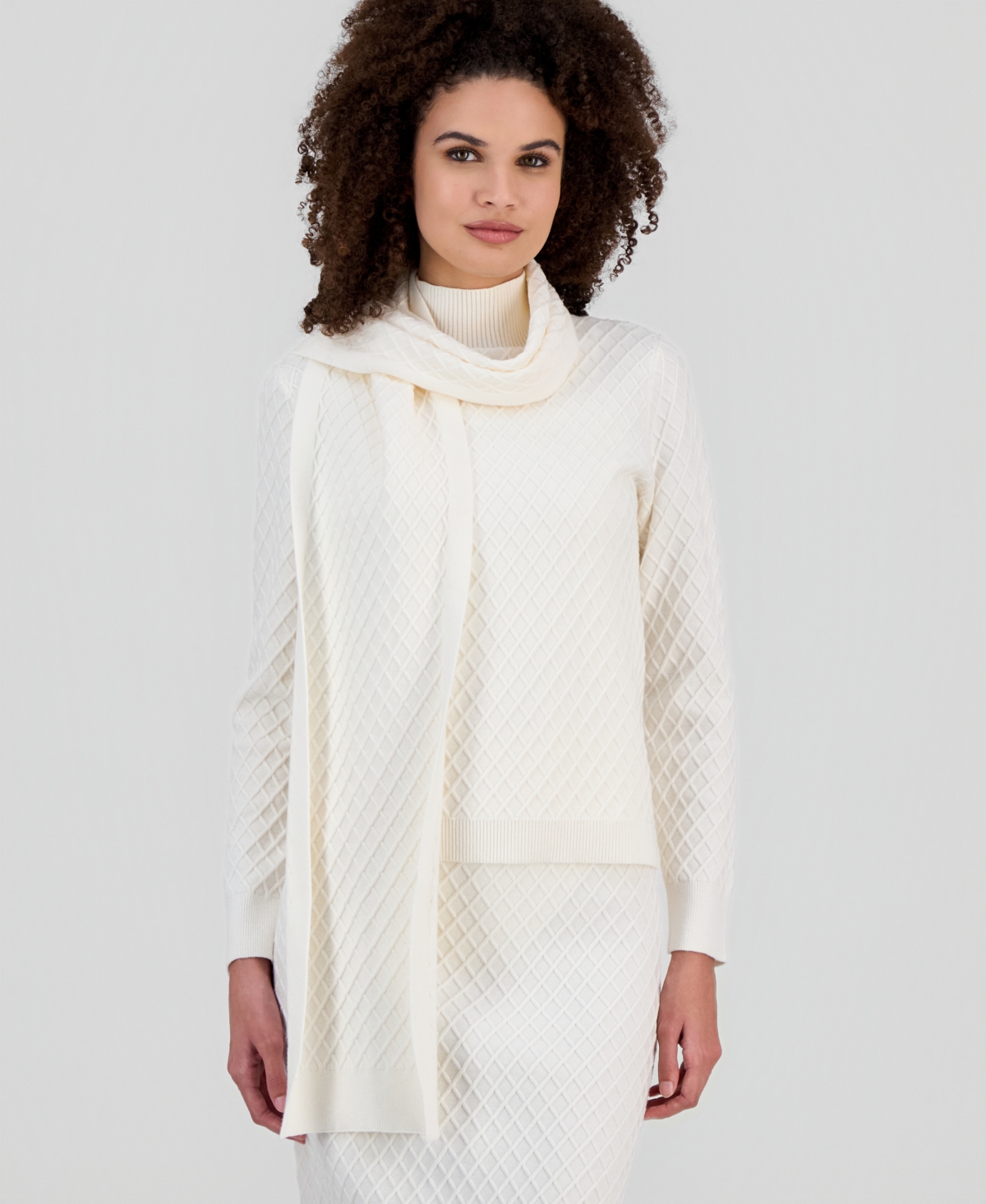 Anne Klein Womens Cable-Knit Long-Sleeve Scarf Sweater - White Dove