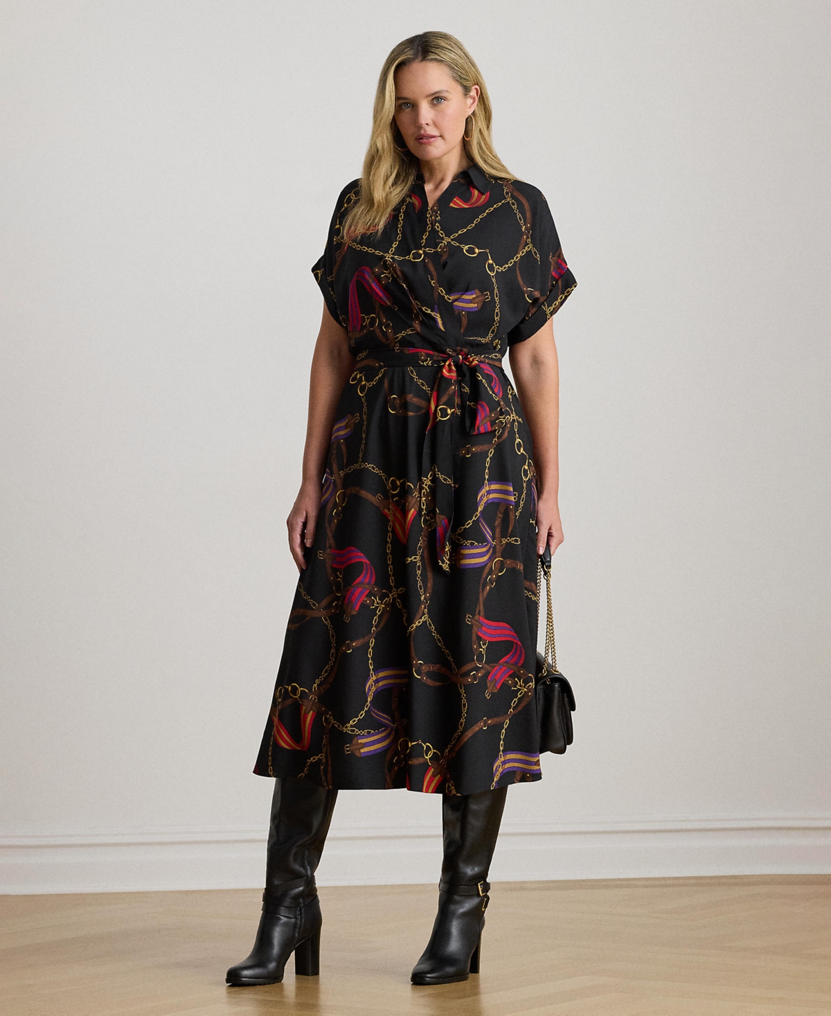 Lauren Ralph Lauren Plus Size Belting-Print Belted Crepe Dress - Black Multi