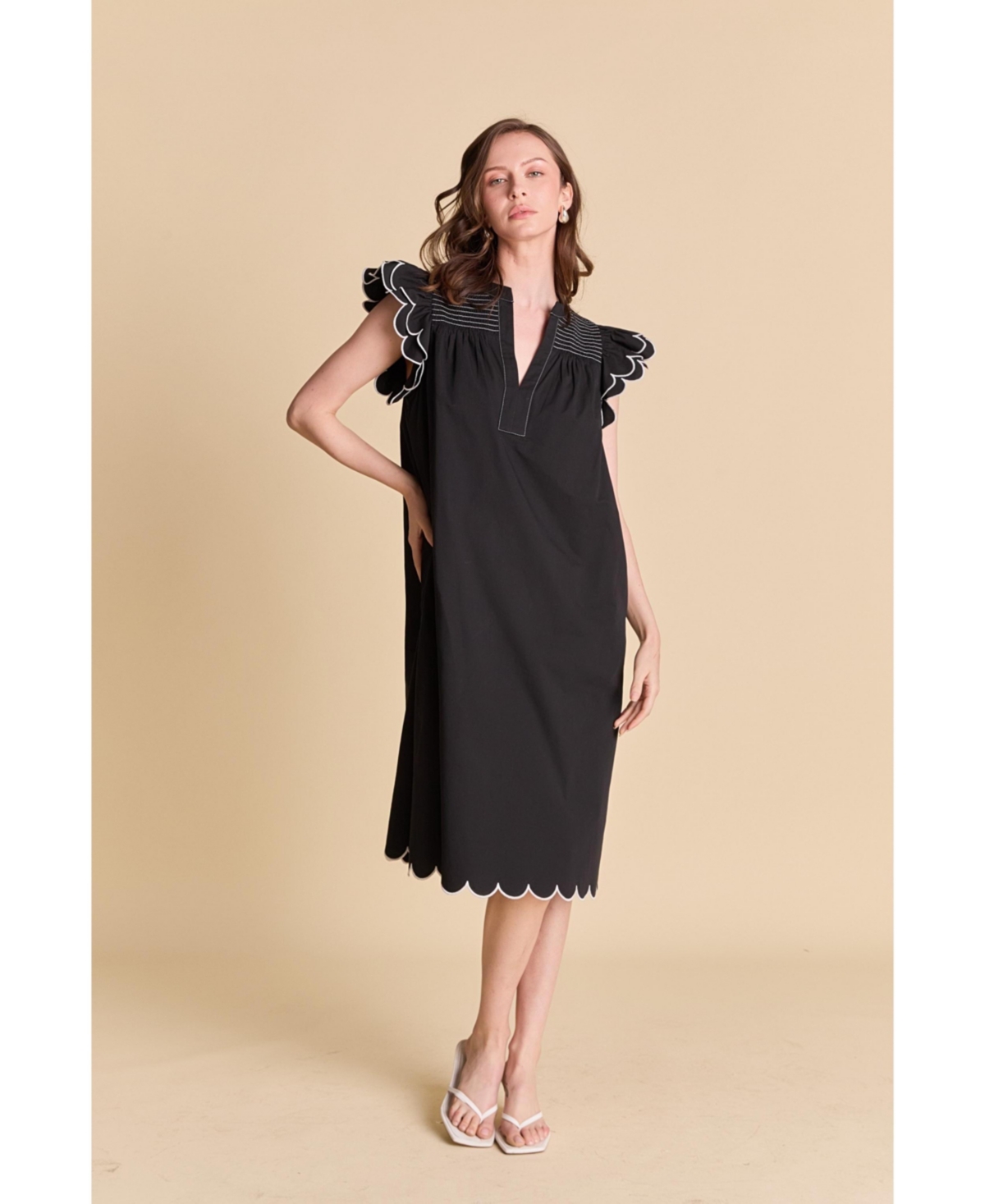 Click here for English Factory Womens Scallop Midi Dress - Black/... prices