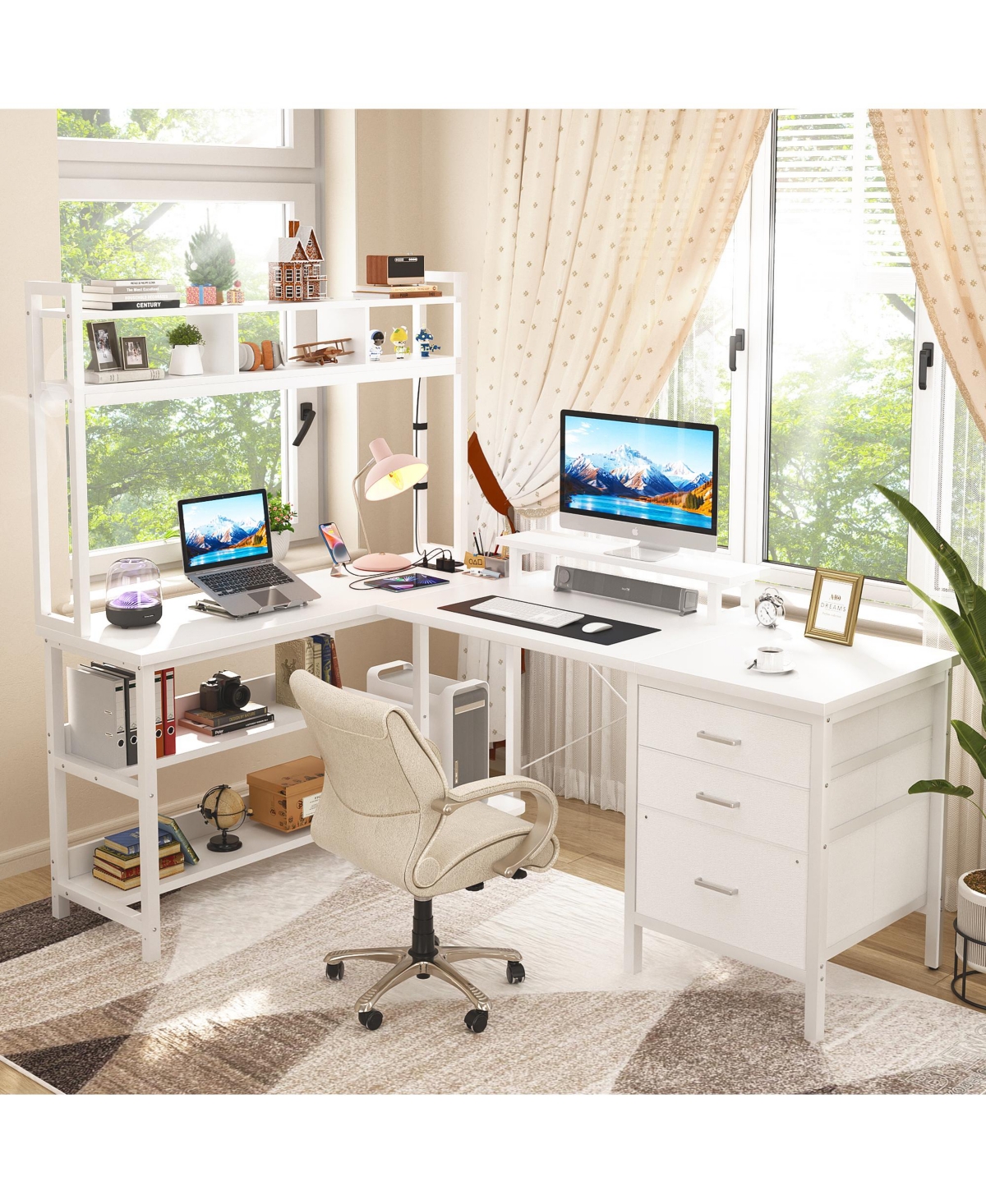 Click here for 59 W L-Shaped Computer Desk with Tall Hutch Corner... prices