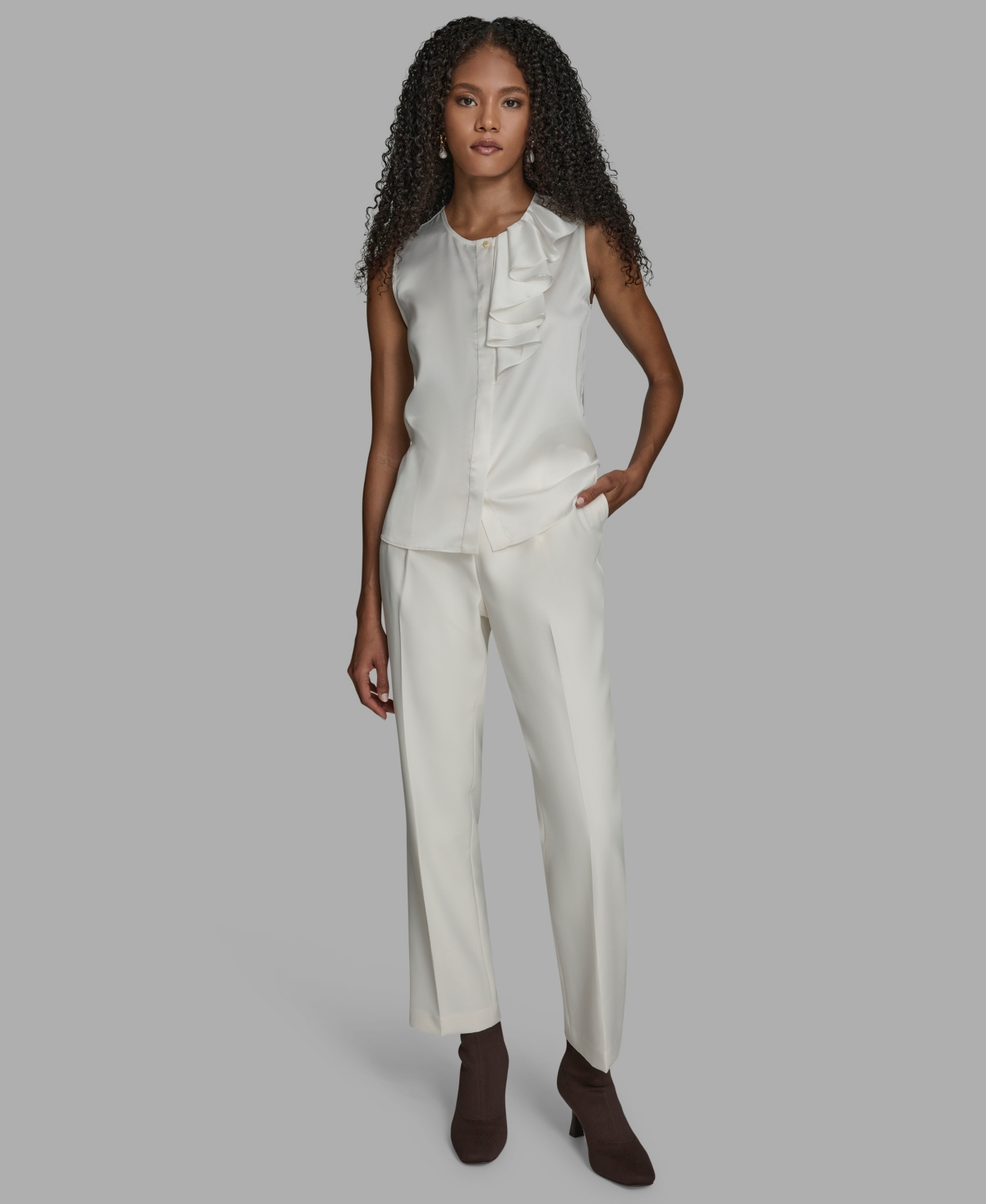 Click here for Bcbg Womens Ruffle Detail Button Down Blouse - Whi... prices