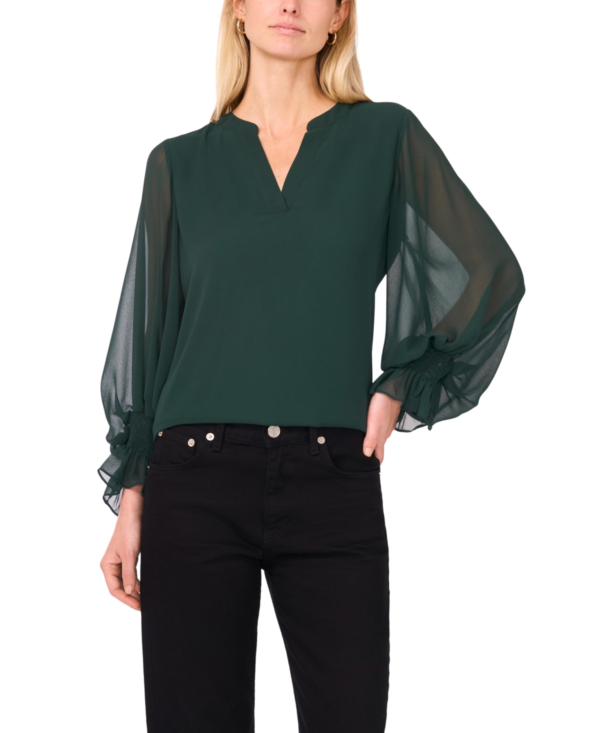 Vince Camuto V Neck Sheer Sleeve Top
