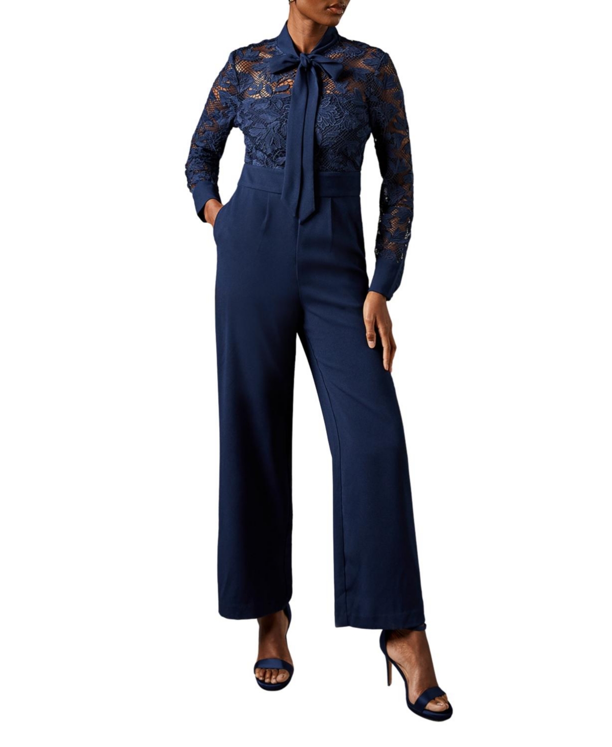 Click here for Coast Womens Lace Tie Neck Jumpsuit - Navy prices