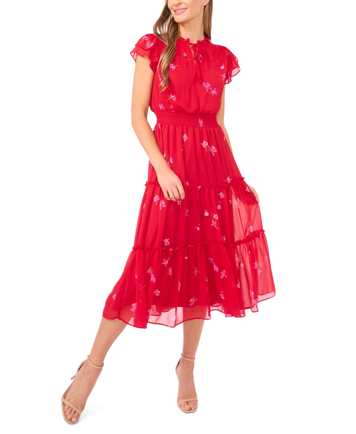 CeCe Womens Flutter Sleeve Smocked Tiered Midi Dress - Stoplight Red