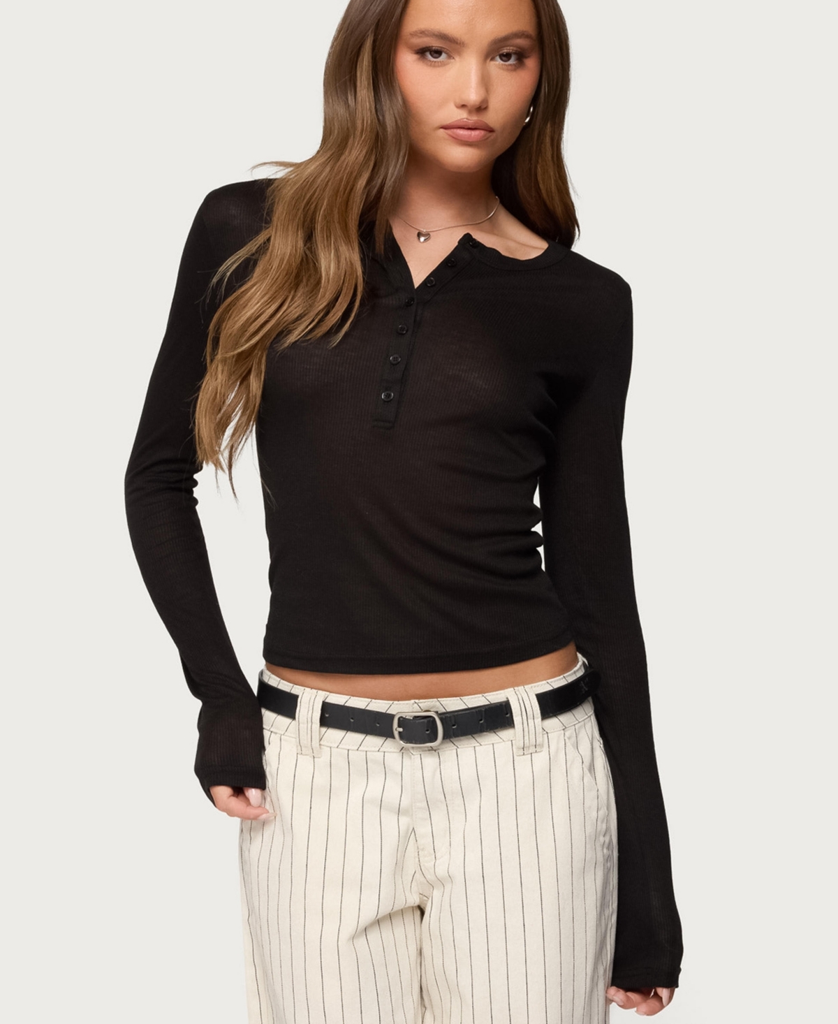 Click here for Edikted Womens Nettie Ribbed Henley Top - Black prices