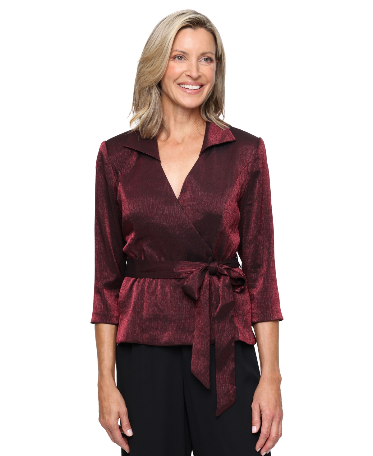Click here for Alex Evenings Womens V-Neck Shimmer Top - Wine prices