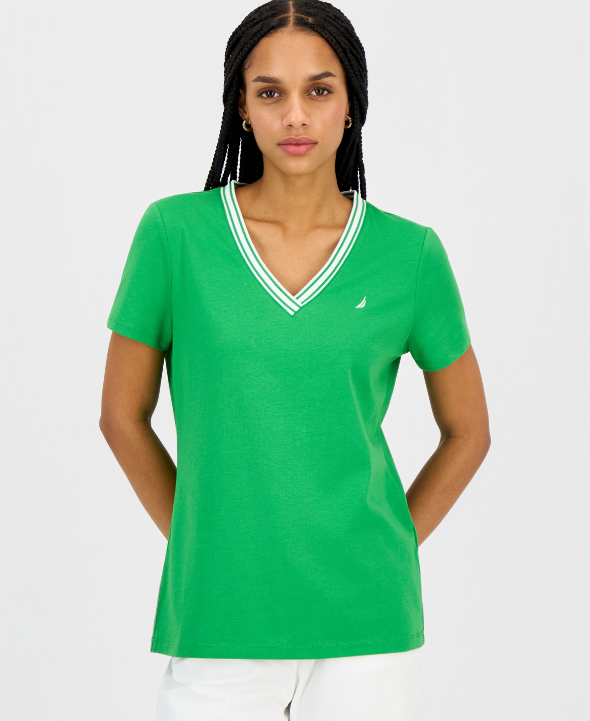 Click here for Nautica Jeans Womens Solid Stripe-Trim V-Neck - Ne... prices