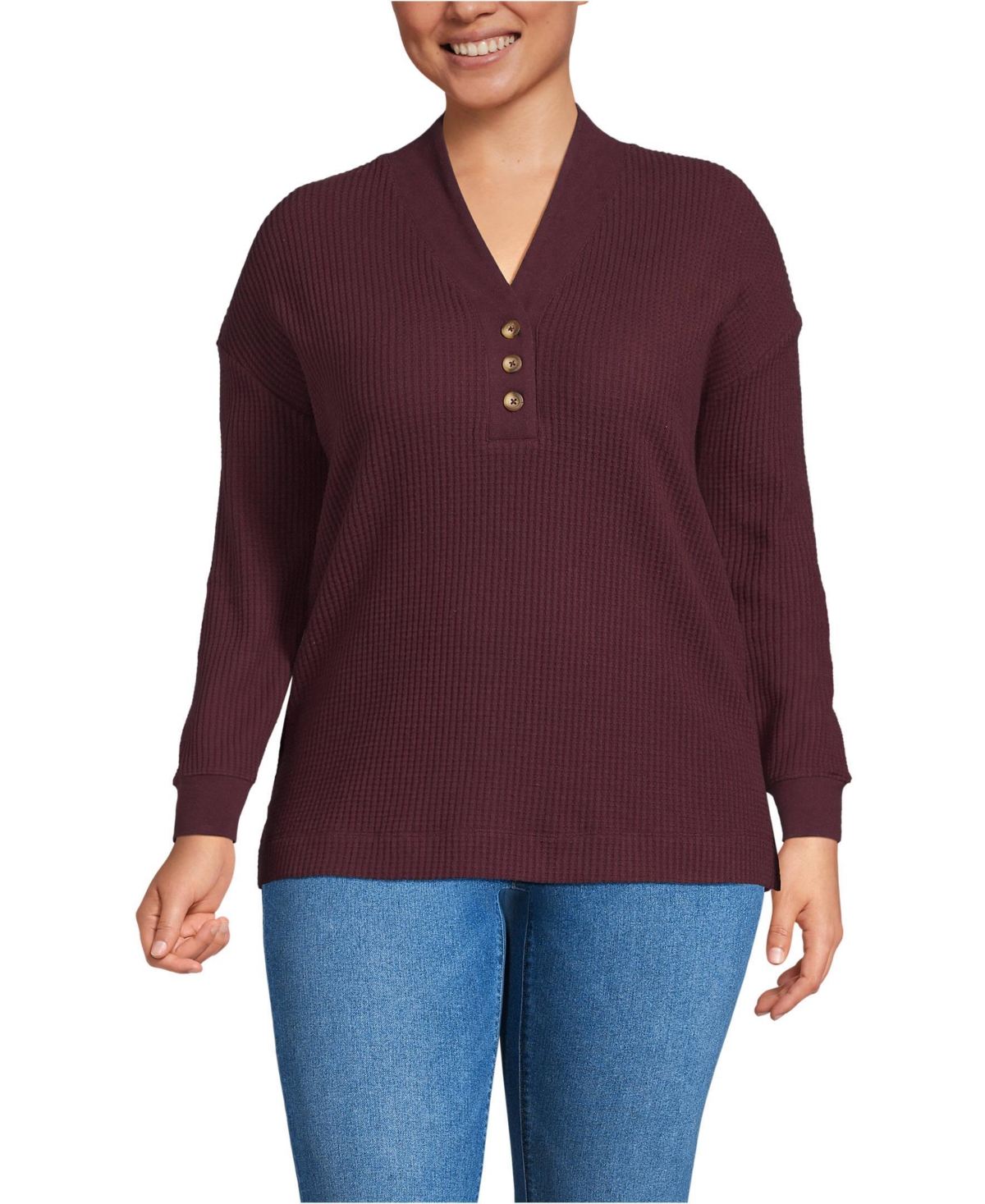 Click here for Lands End Plus Size Long Sleeve Waffle Shawl Colla... prices