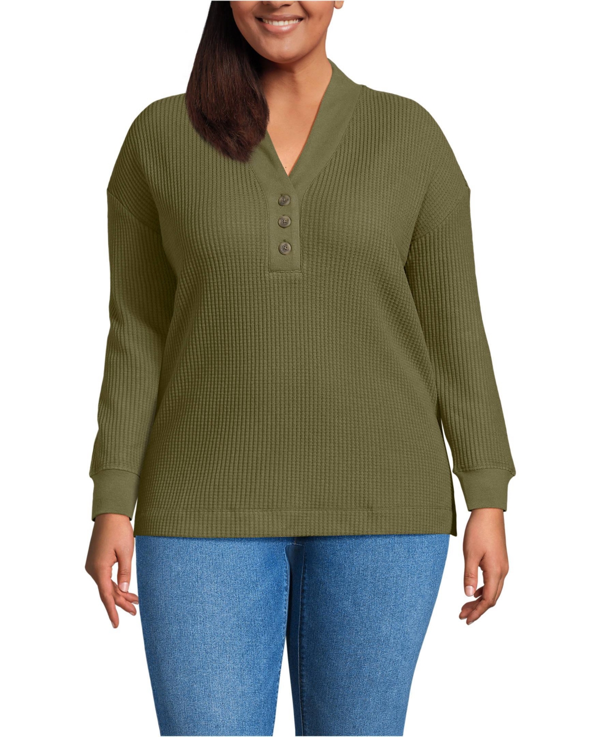 Click here for Lands End Plus Size Long Sleeve Waffle Shawl Colla... prices