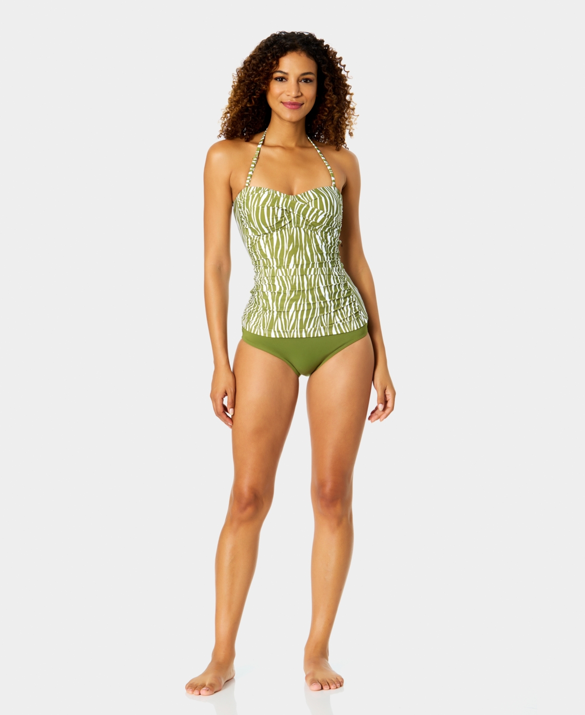 Anne Cole Twist-Front Ruched Tankini Top - Olive White