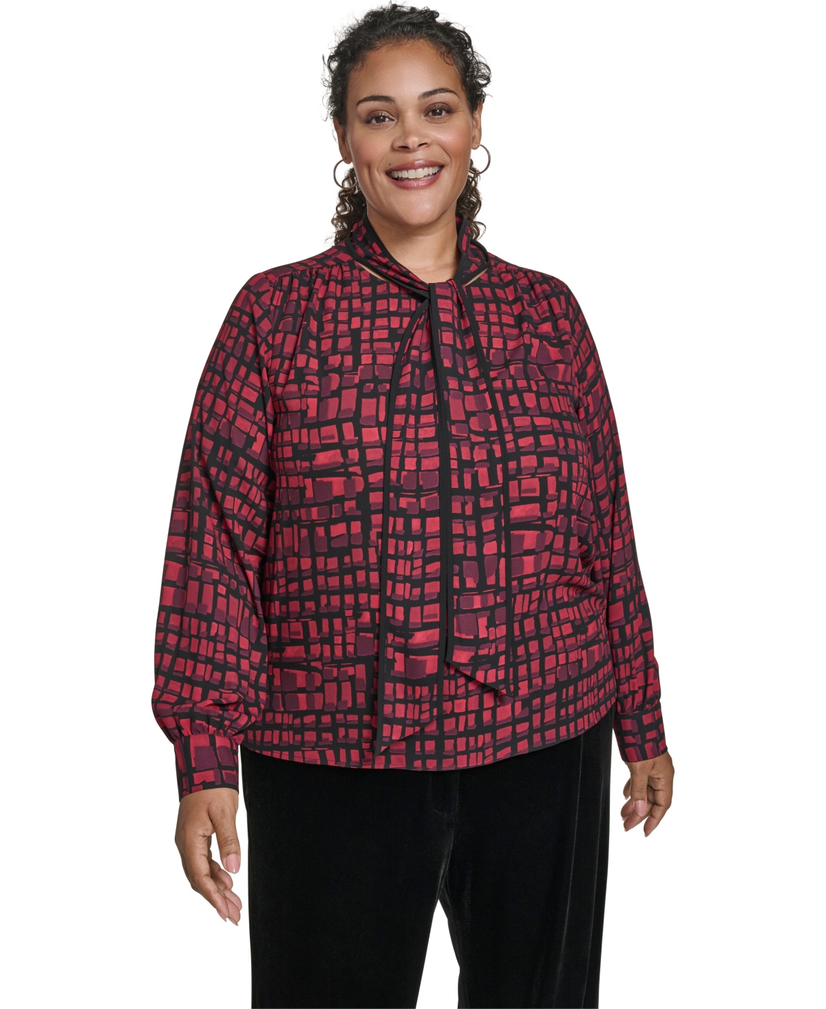 Click here for Calvin Klein Plus Size Printed Long Sleeves Tie Ne... prices