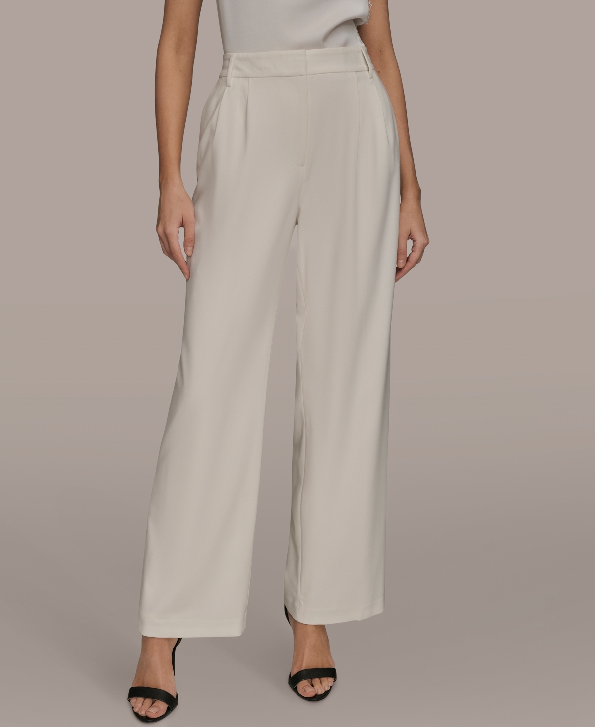 Donna Karan New York Womens High Rise Pleated Wid Leg Pants - Cream