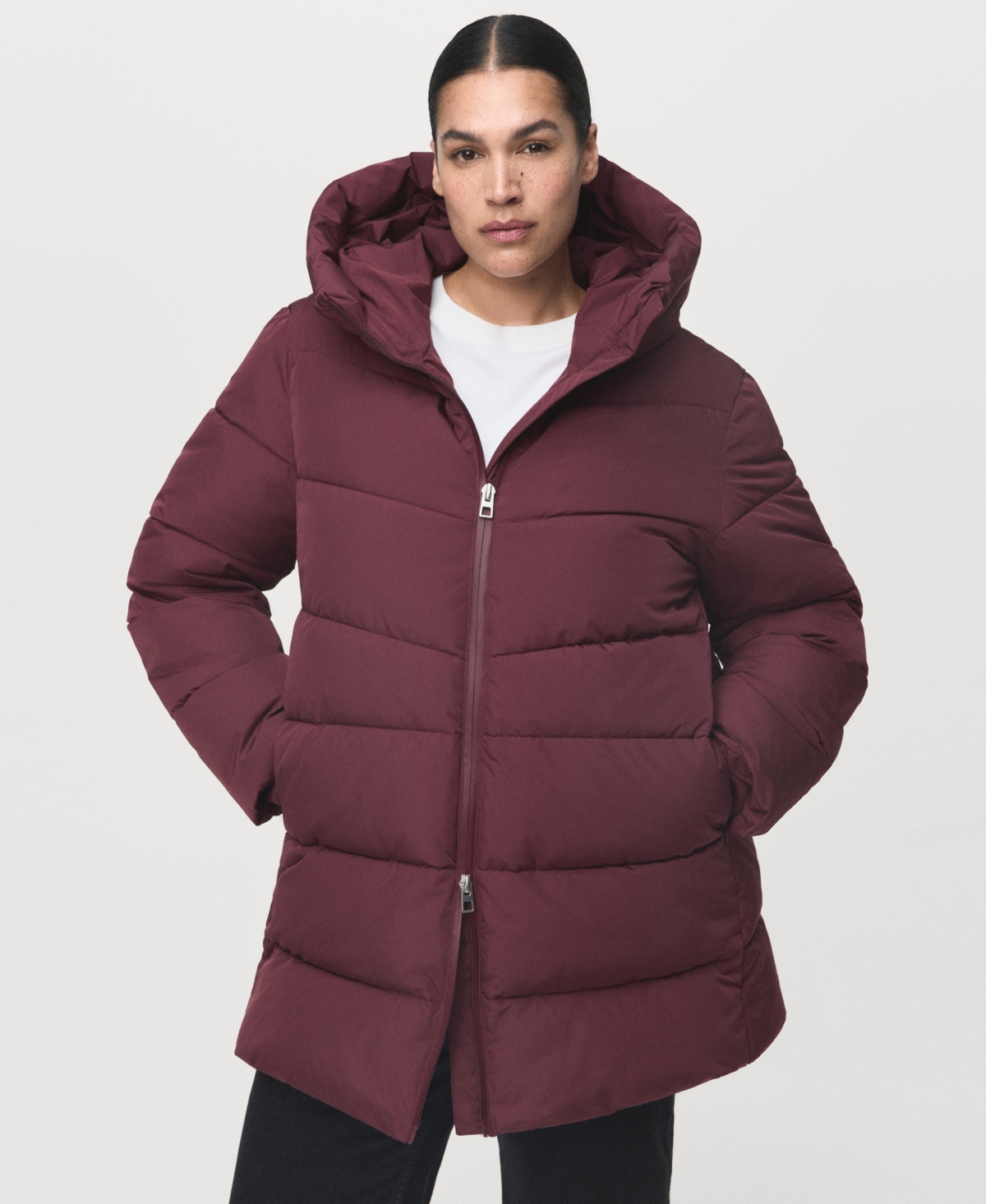 Click here for Mango Womens Hood Quilted Coat - Maroon prices