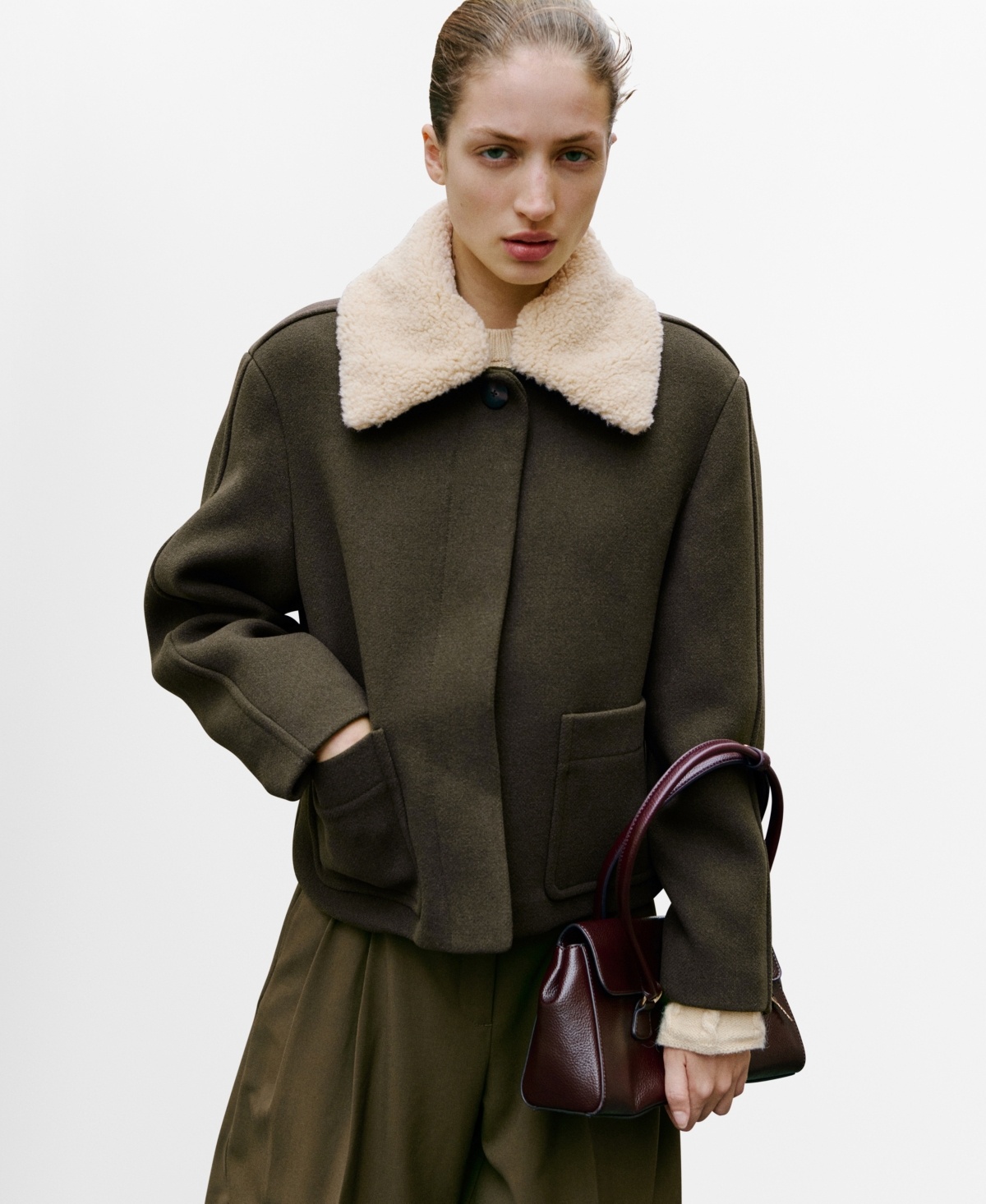 Click here for Mango Womens Borg Collar Wool Blend Jacket - Khaki prices