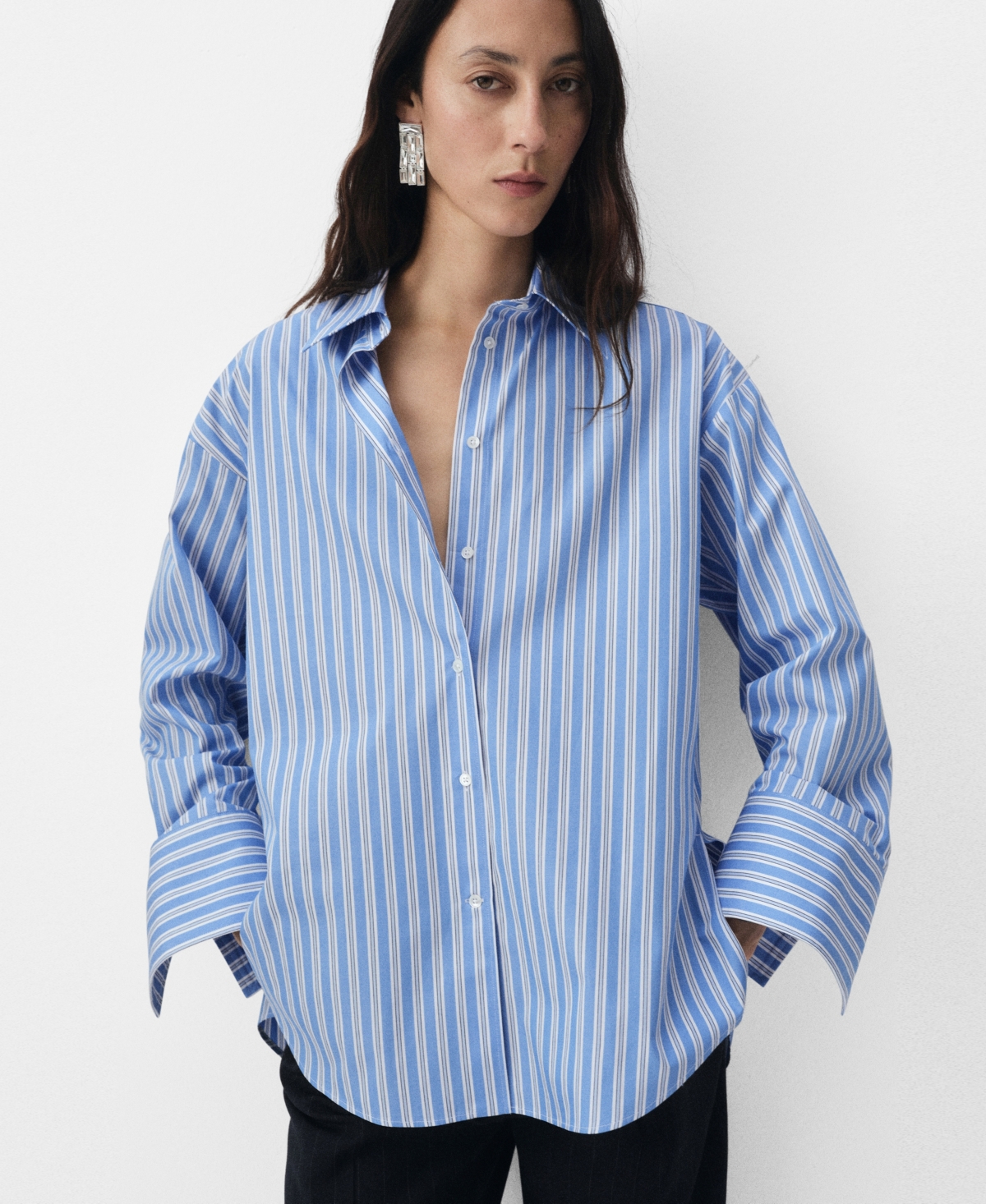 Click here for Mango Womens Cotton Striped Shirt - Sky Blue prices