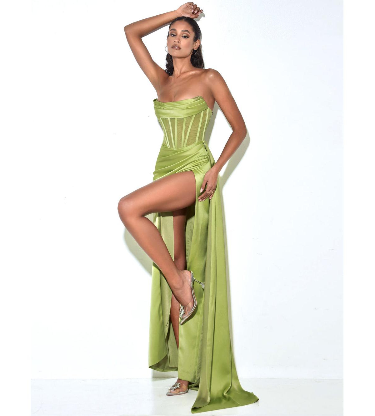 Click here for Miss Circle Womens Prisa Lime High Slit Satin Cors... prices