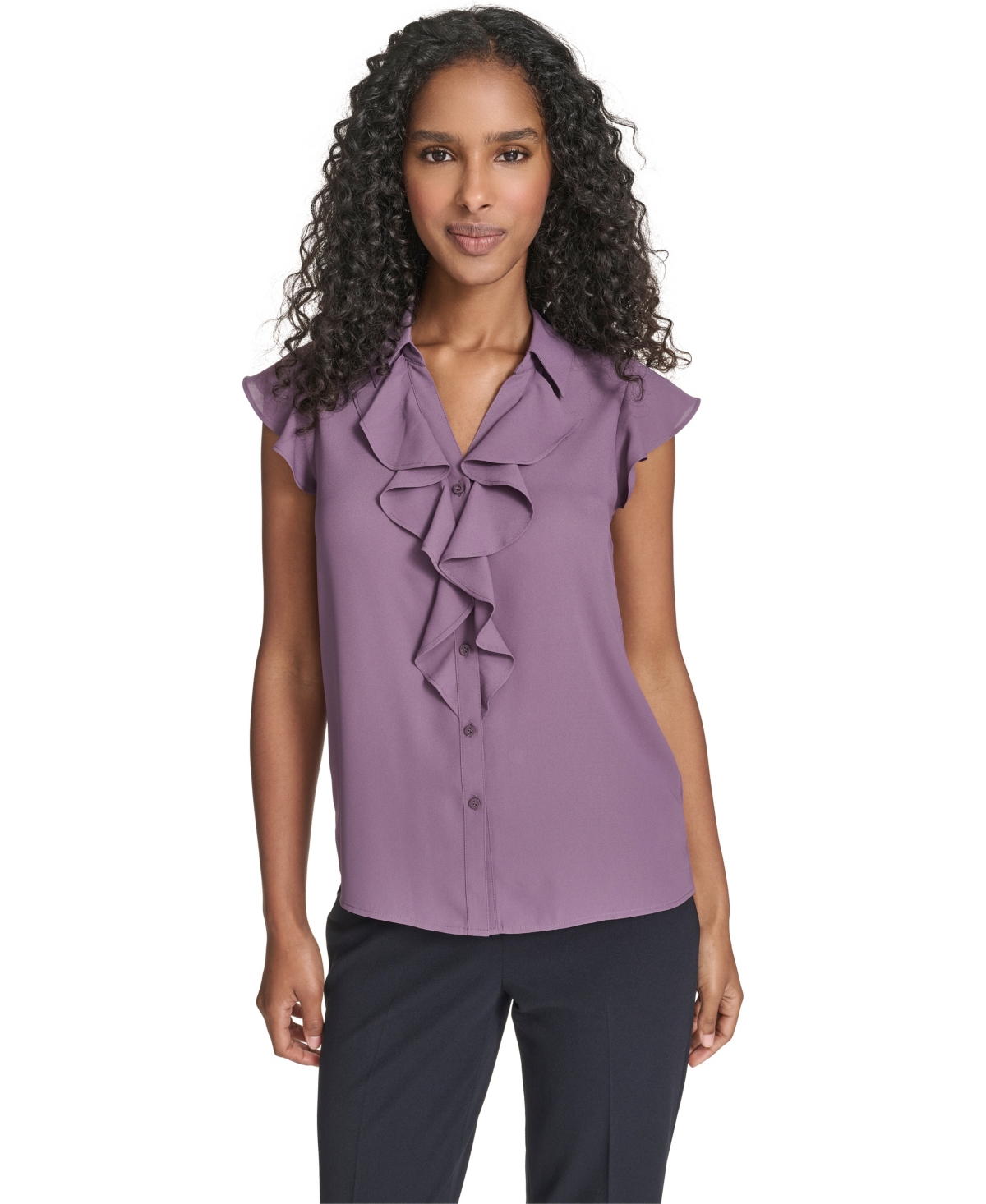 Click here for Calvin Klein Petite Solid Cap Sleeve Ruffle Front... prices