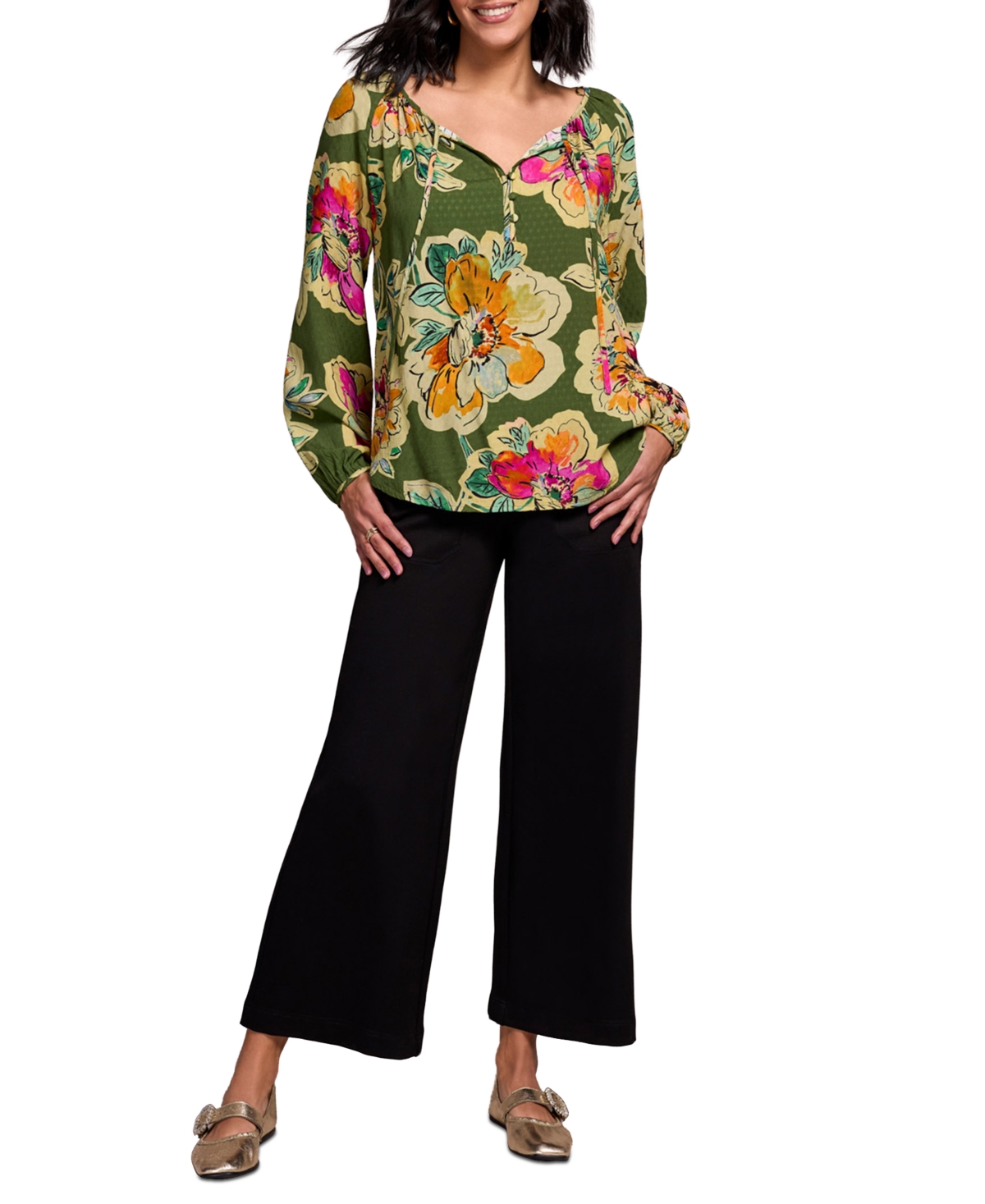 Click here for Tribal Womens Floral Textured Wove Notch Neck Top... prices