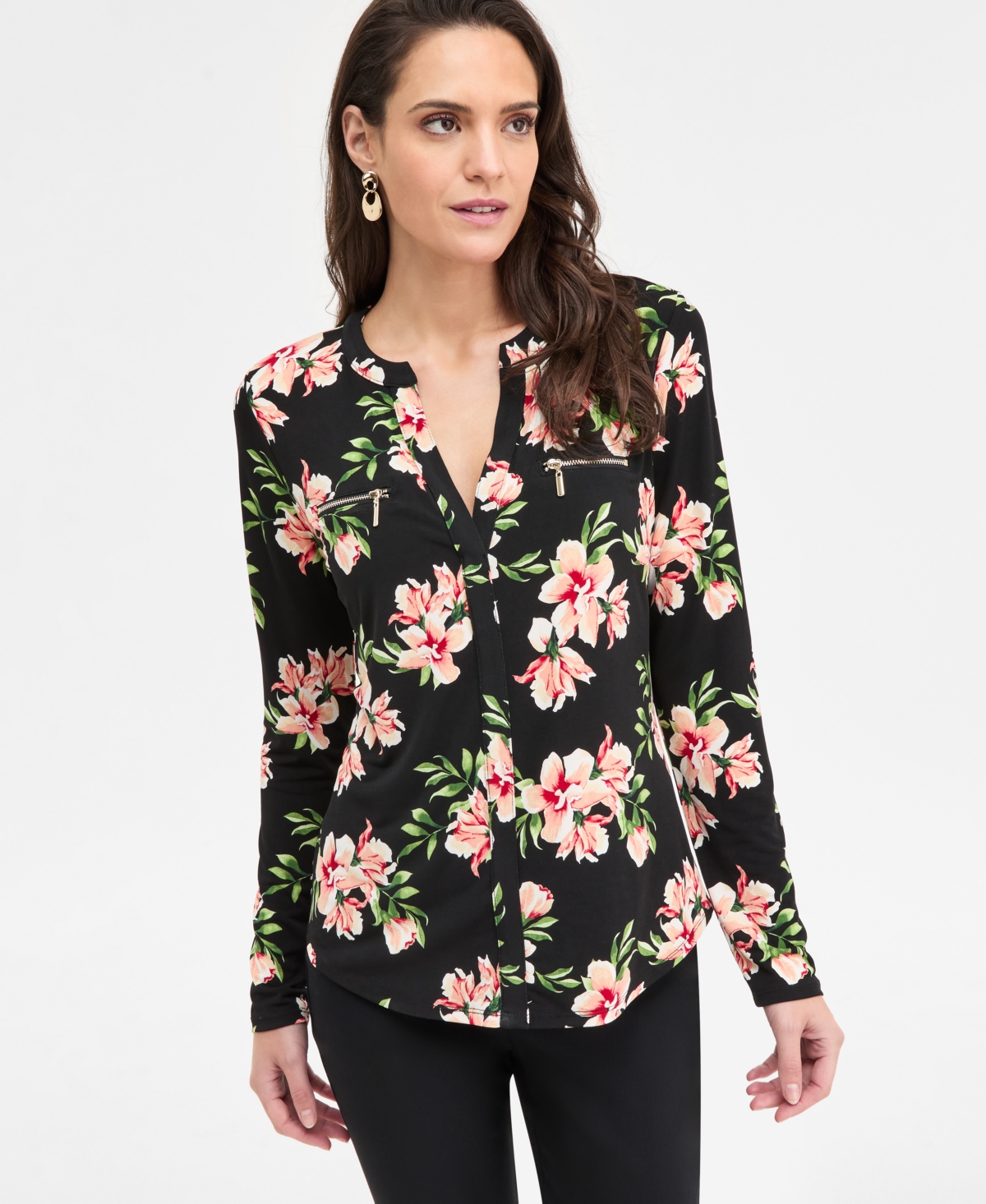 Click here for Jm Collection Womens Printed Zip Pocket Top  Macys... prices