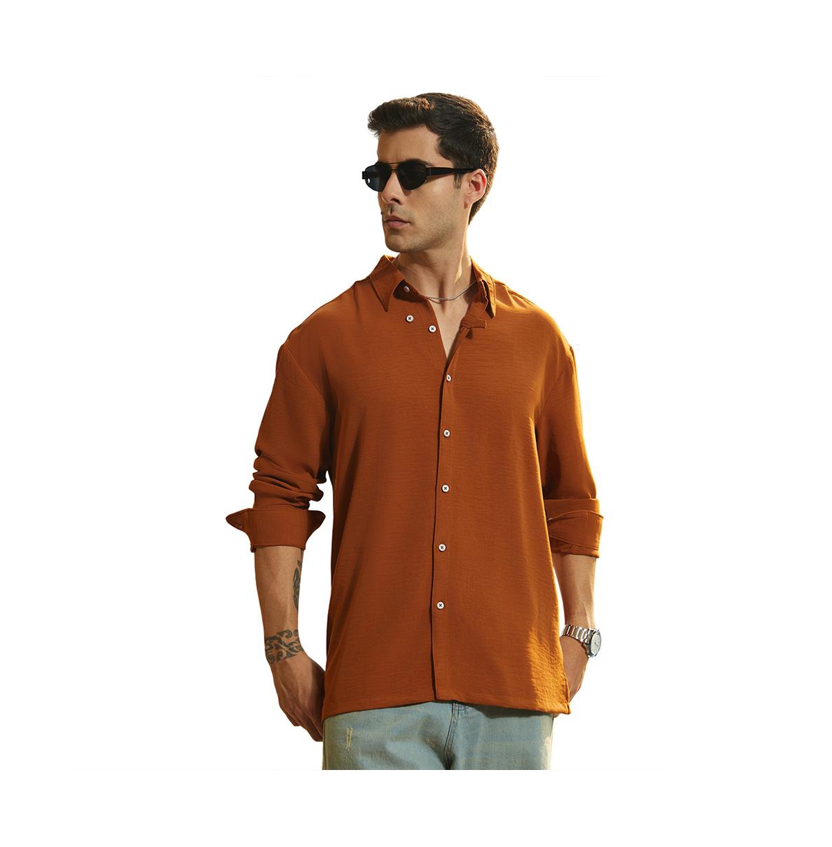 Click here for Campus Sutra Mens Rust Orange Breezy Wrinked Shirt... prices