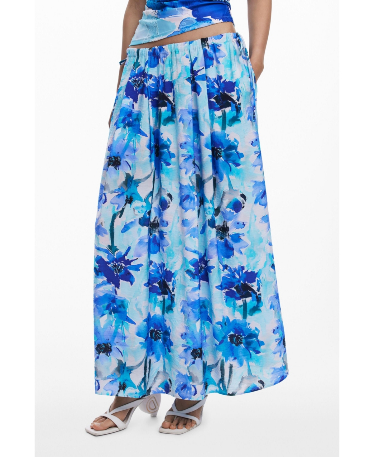 Desigual Womens Floral A-line midi skirt - Blue