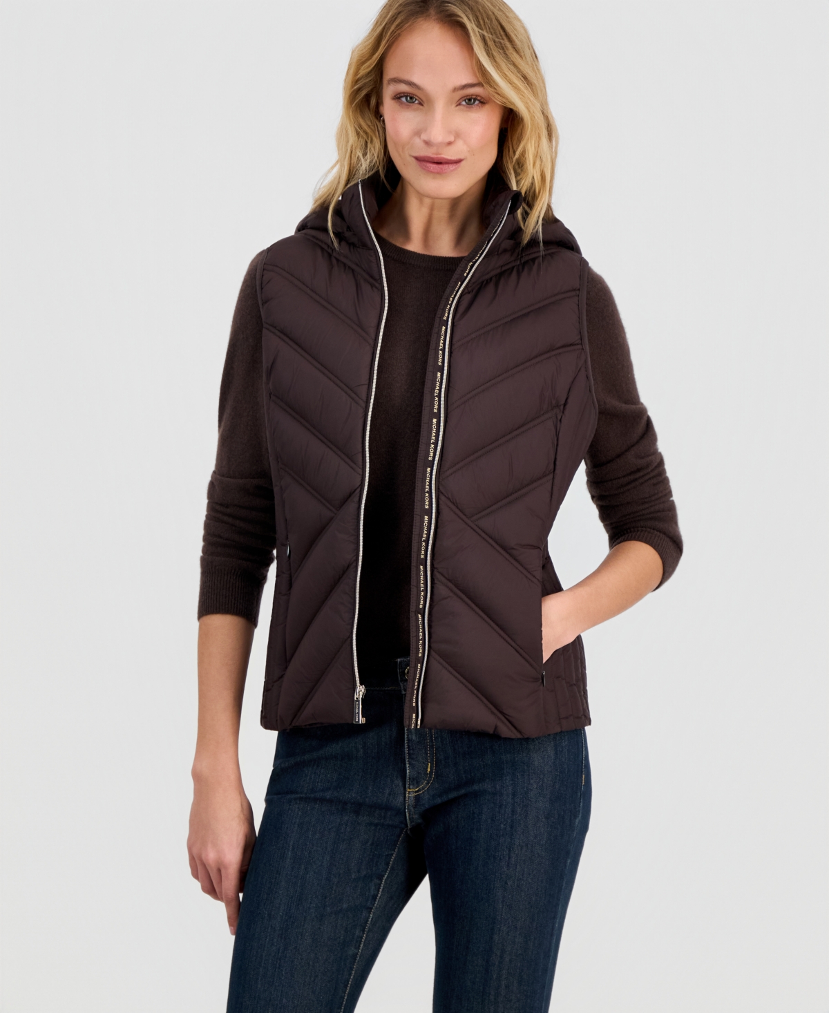 Click here for Michael Kors Womens Hooded Puffer Vest - Chocolate prices