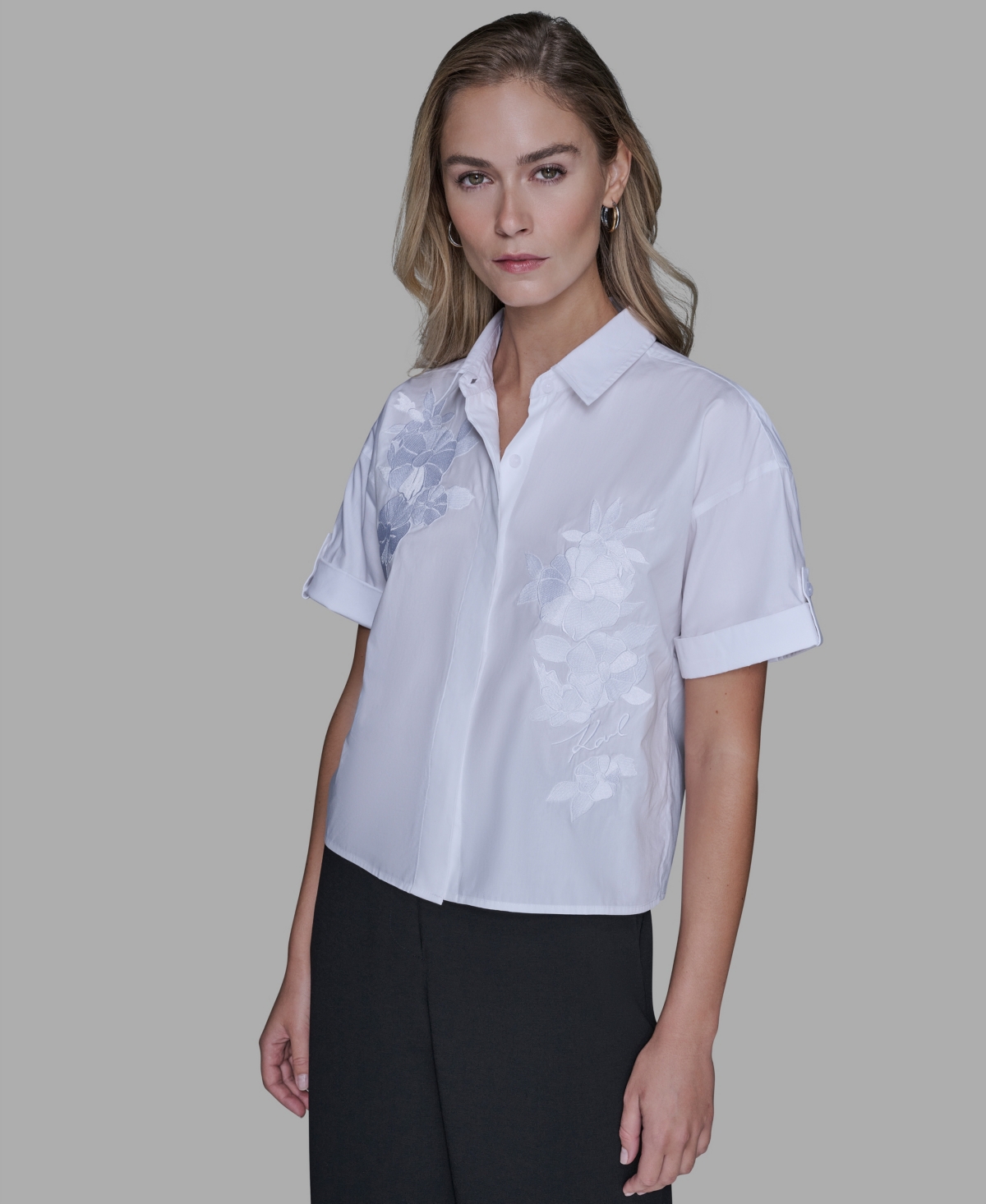 Click here for Karl Lagerfeld Paris Womens Solid Floral Top - Whi... prices