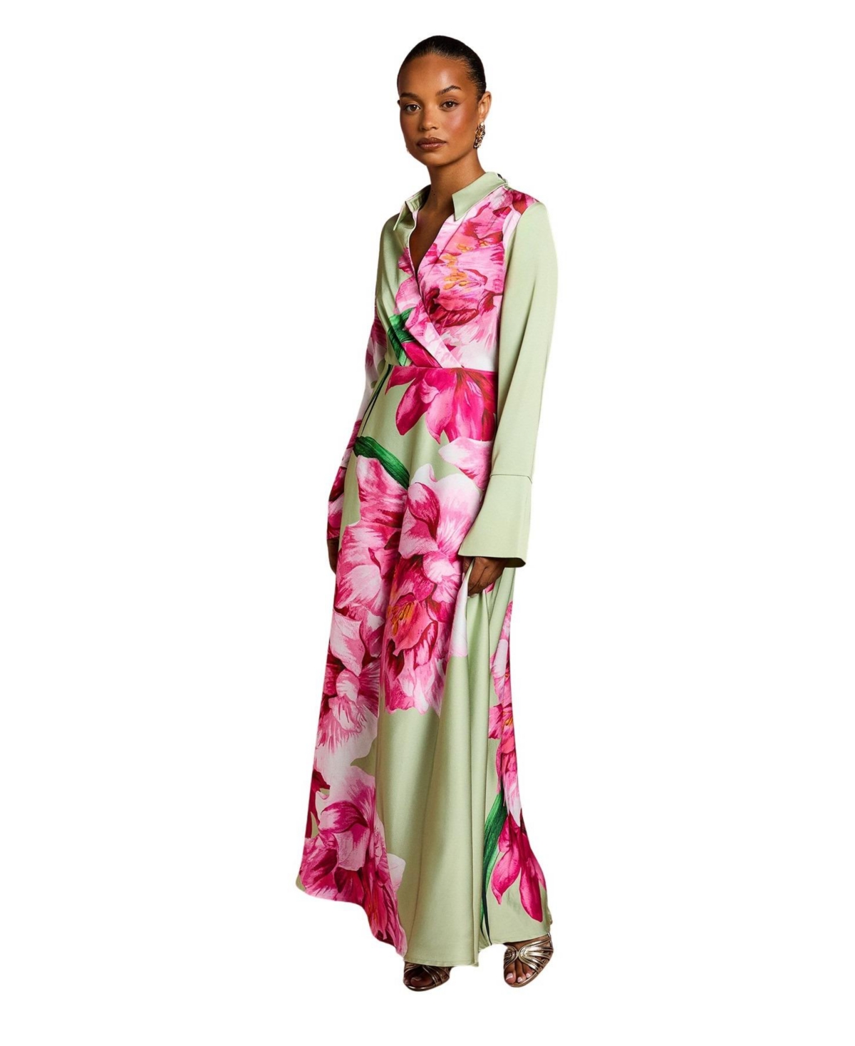 Click here for Coast Womens Placement Print Wrap Front Gown - Sag... prices