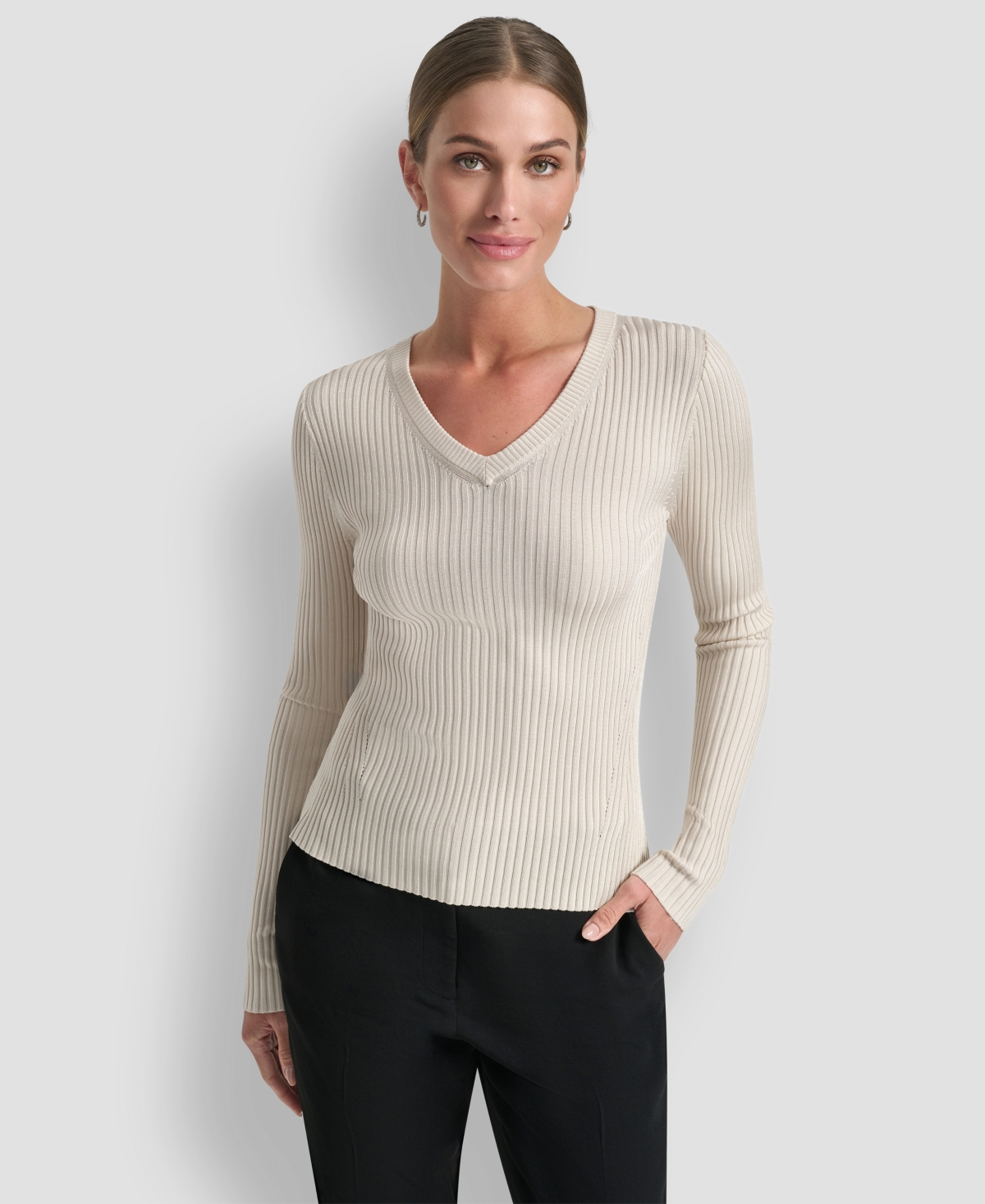 Click here for Dkny Womens Sleek Long Sleeve Shine Sweater - Tan prices