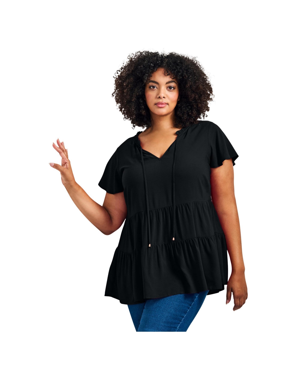 Click here for Avenue Womens Lani Flutter Sleeve Tiered Top - Bla... prices
