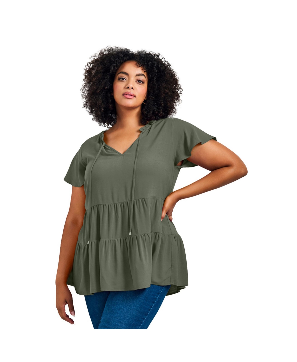 Click here for Avenue Womens Lani Flutter Sleeve Tiered Top - Oli... prices