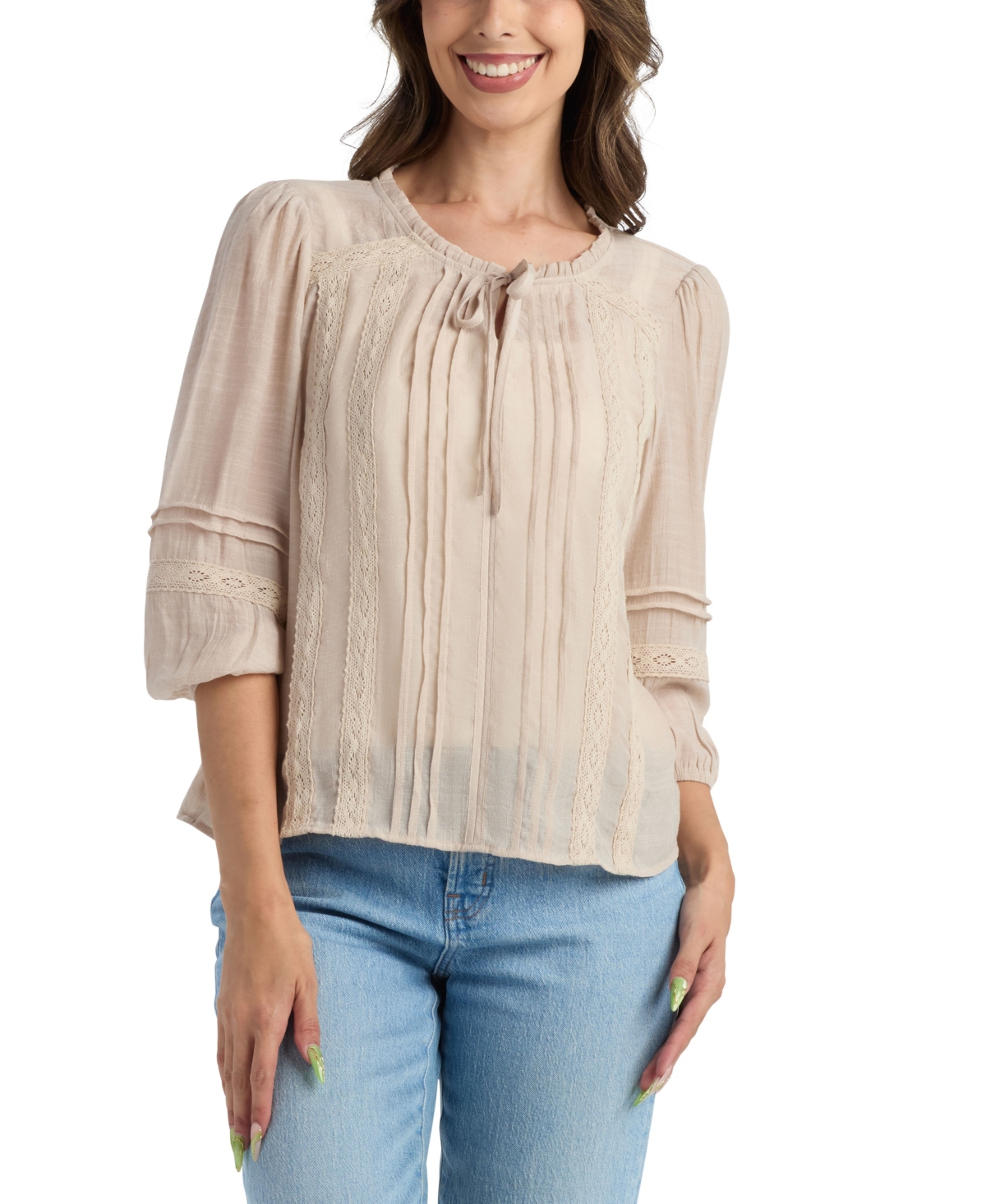 Click here for Bcx Juniors Puff-Sleeve Tie Neck Top - Sand prices