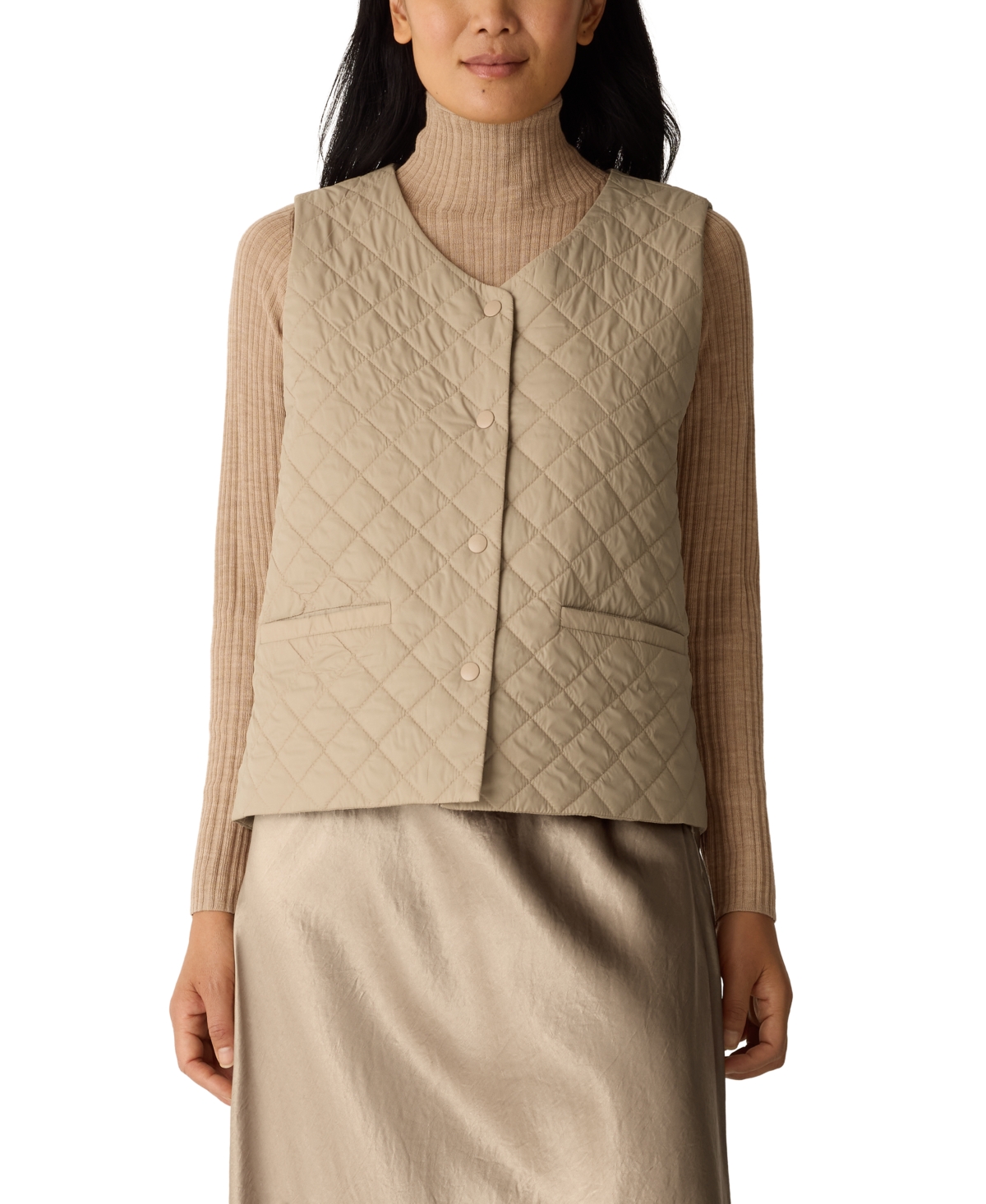 Eileen Fisher Womens V-Neck Quilted Sleeveless Vest - Biscuit