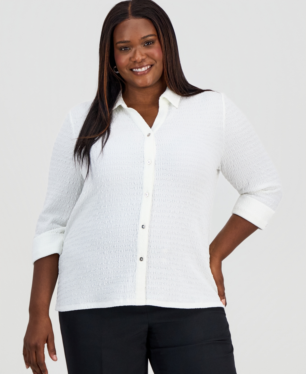 Click here for Kasper Plus Size 3/4-Sleeve Button-Front Shirt - V... prices