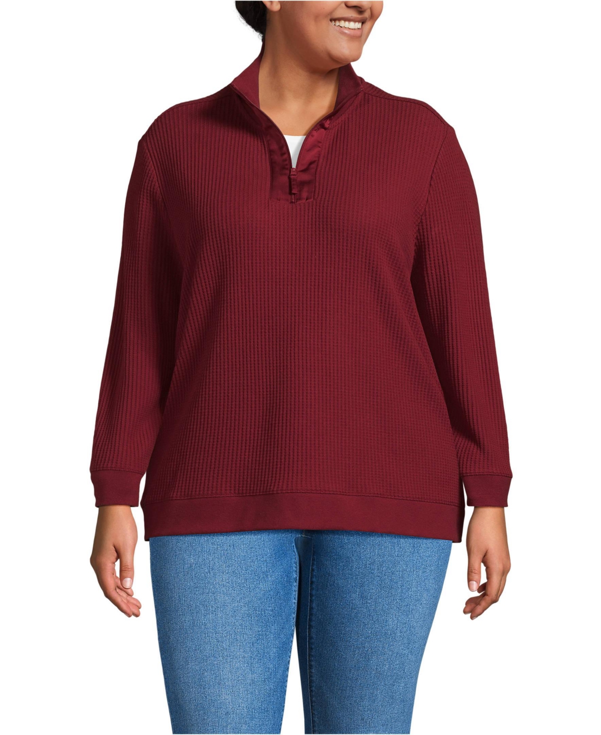 Click here for Lands End Plus Size Long Sleeve Waffle Quarter Zip... prices